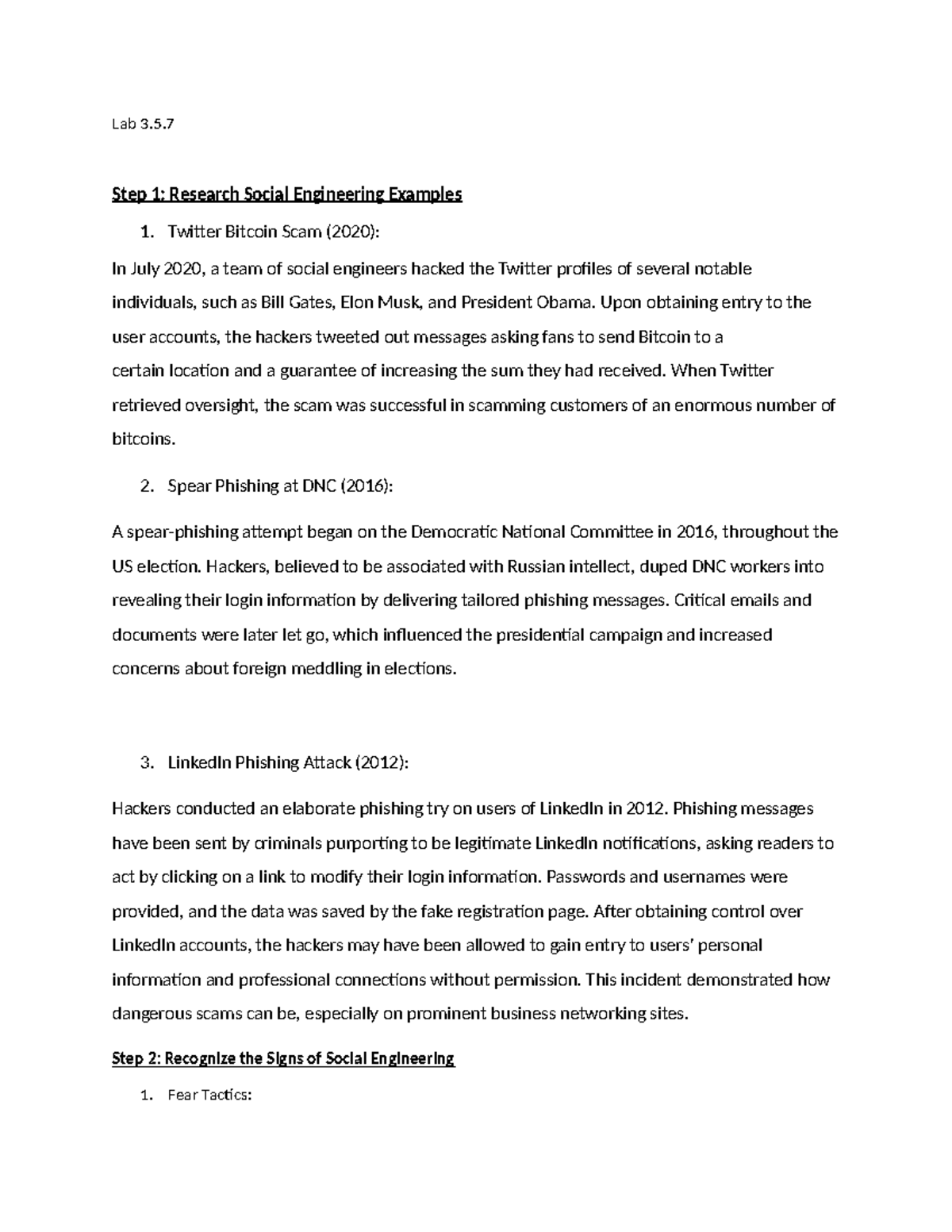 LAB 3 - Lab 3. Step 1: Research Social Engineering Examples 1. Twitter ...