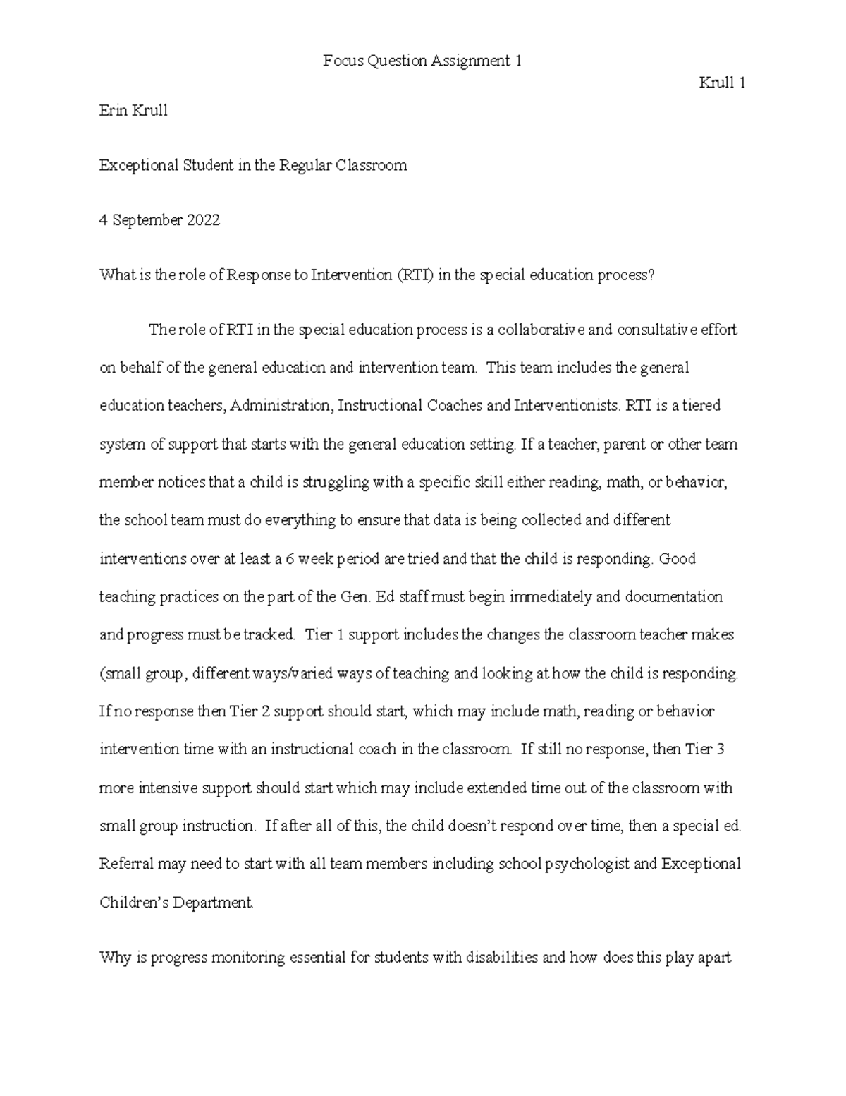 Focus question 1 - assignment - Focus Question Assignment 1 Krull 1 ...