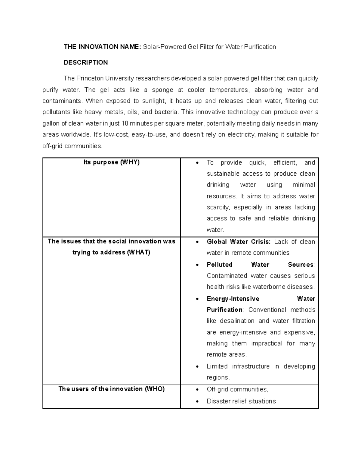 Clean water project - THE INNOVATION NAME: Solar-Powered Gel Filter for ...