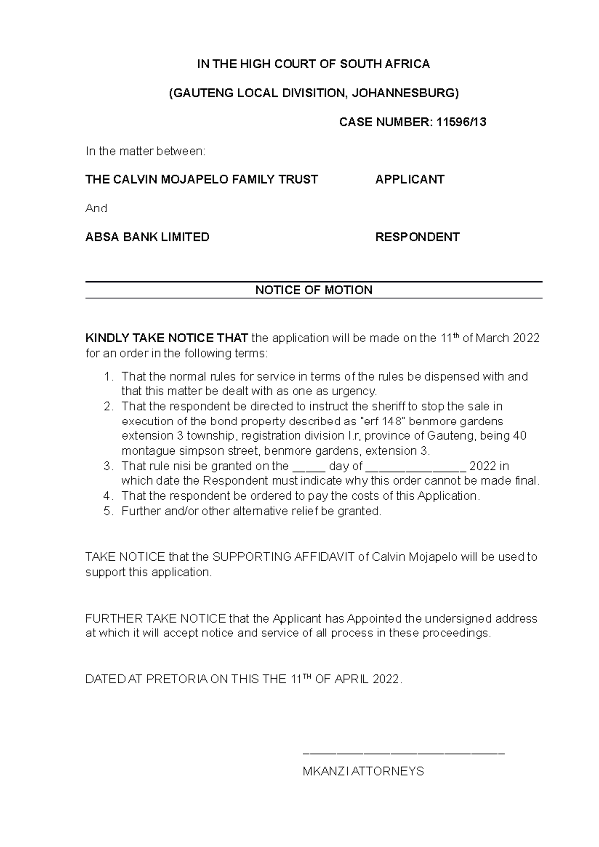Notice OF Motion - IN THE HIGH COURT OF SOUTH AFRICA (GAUTENG LOCAL ...