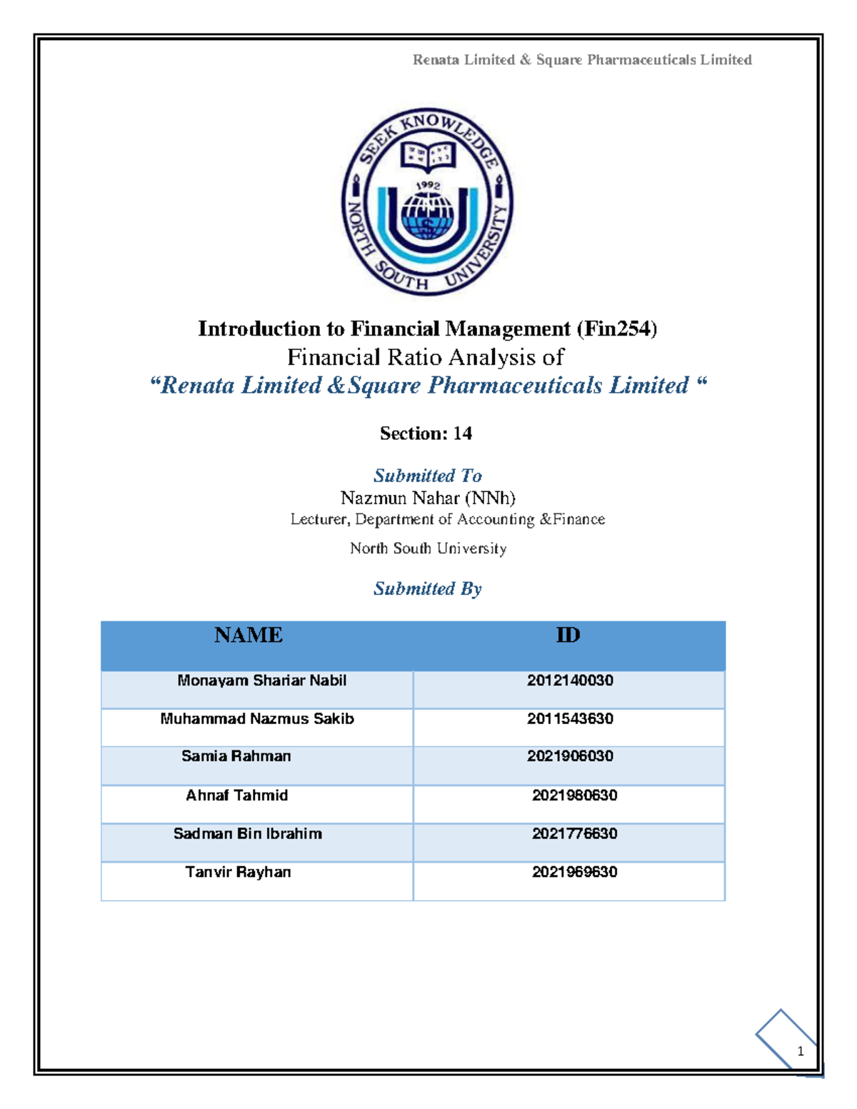 Fin254 - Introduction to Financial Management (Fin254) Financial Ratio ...