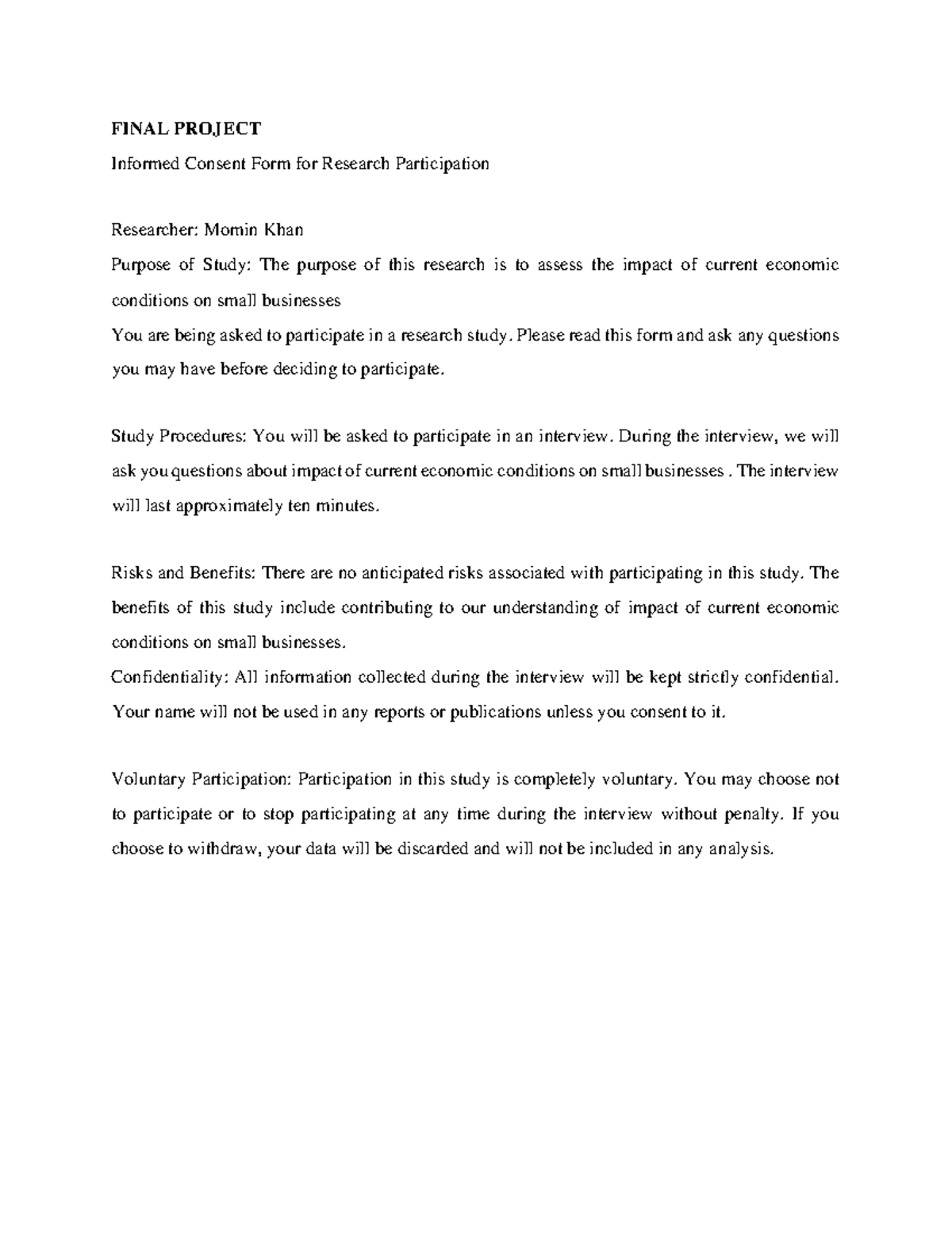 Sample Consent Form - FINAL PROJECT Informed Consent Form for Research ...