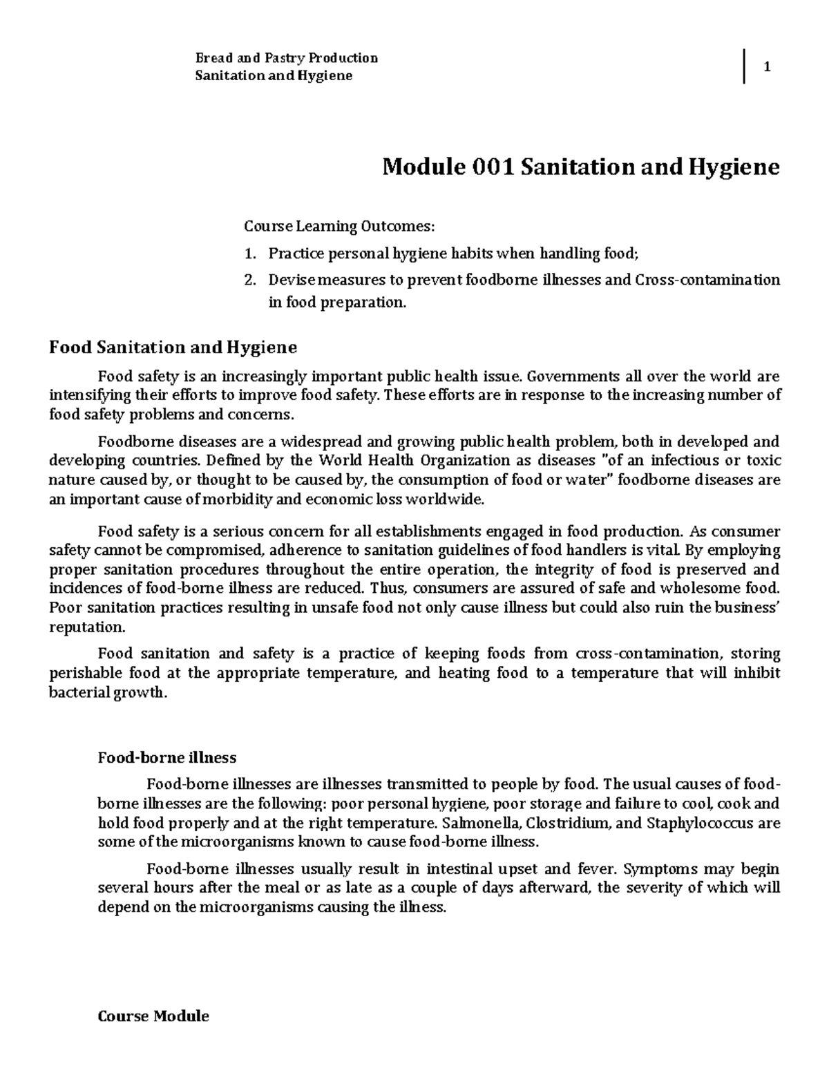 W1-Module 001 Sanitation and Hygiene - Bread and Pastry Production ...