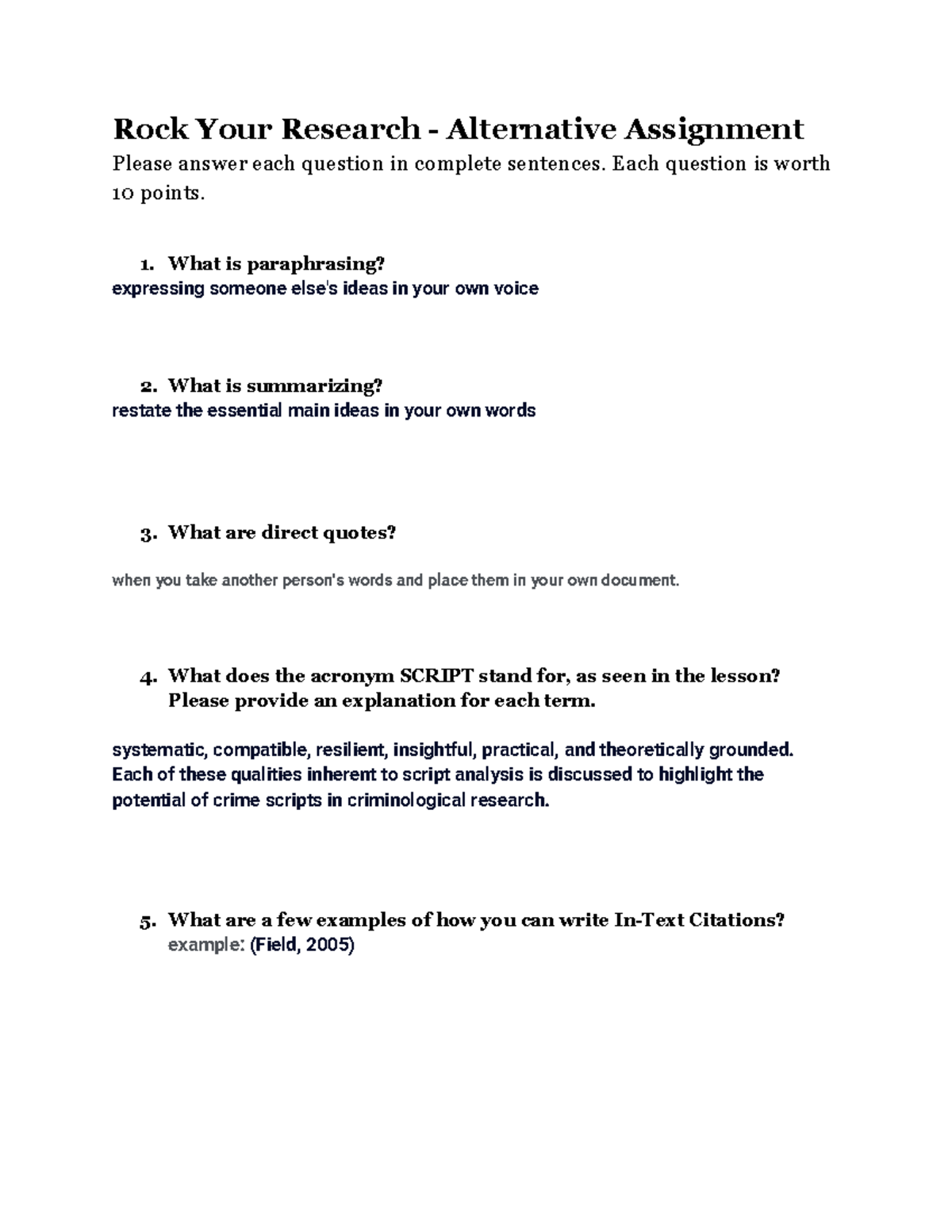 Rock Your Research - Alternative Assignment - Each question is worth 10 ...