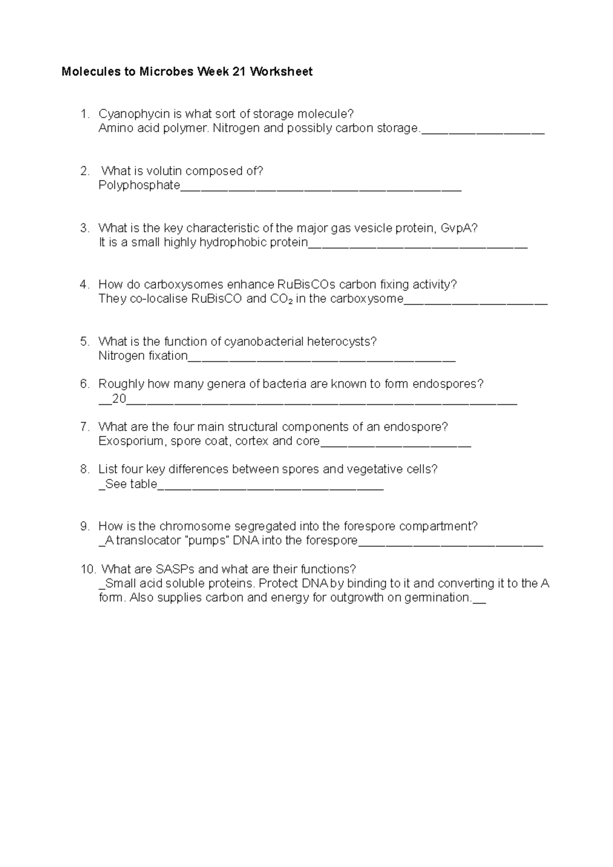 BSc Molecules to Microbe Worksheet (Answers included) - Molecules to ...