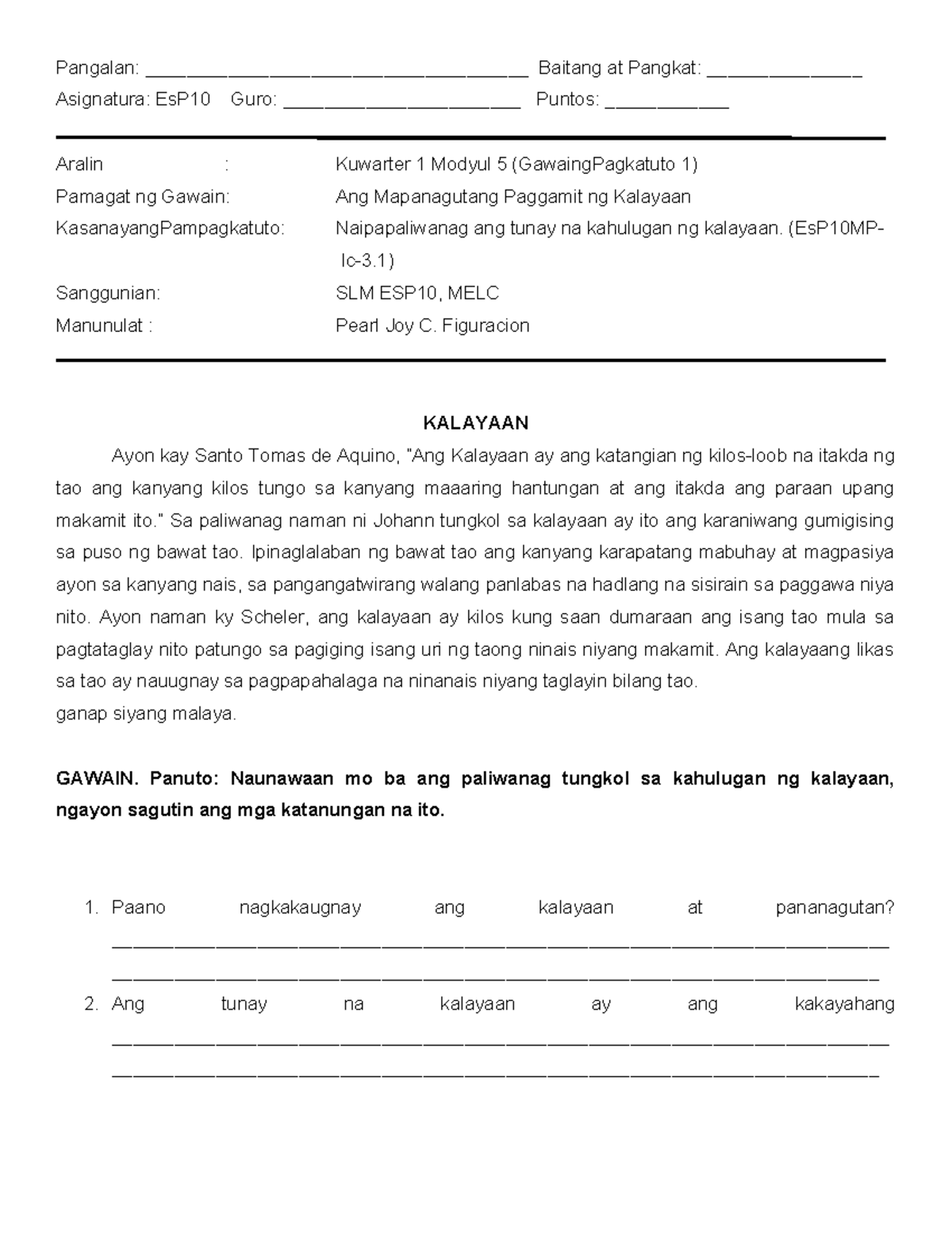 LAS ESP10 Q1 WEEK5 - LECTURE - Pangalan: _____________________________________ Baitang at ...