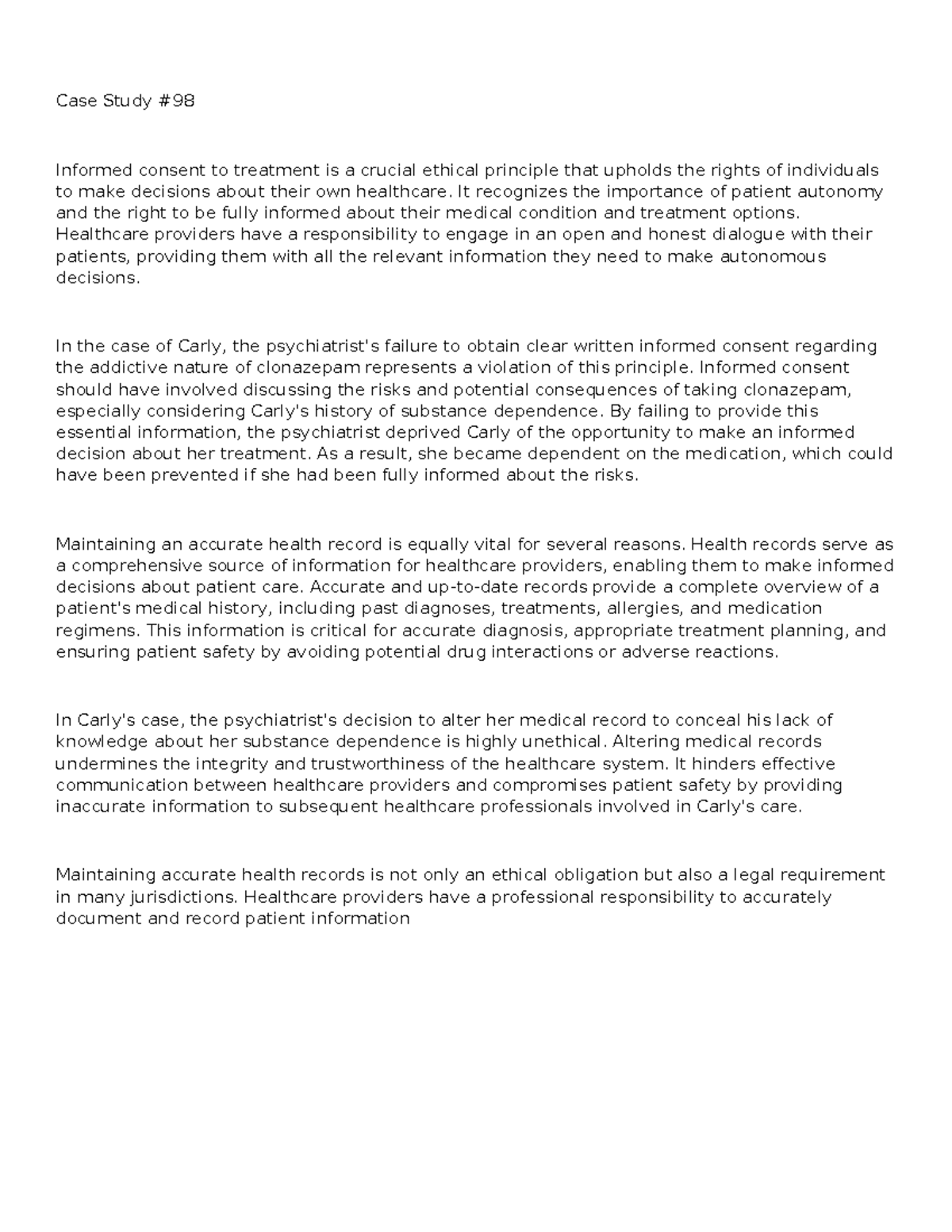 Case study PAGE# 98 Cary - Case Study # Informed consent to treatment is a crucial ethical ...