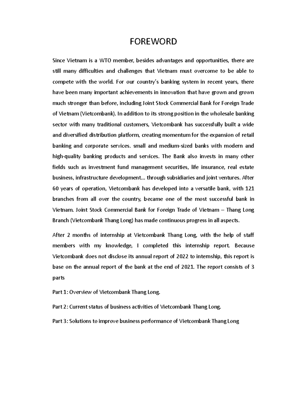 Internship- Report-VCB - FOREWORD Since Vietnam is a WTO member ...