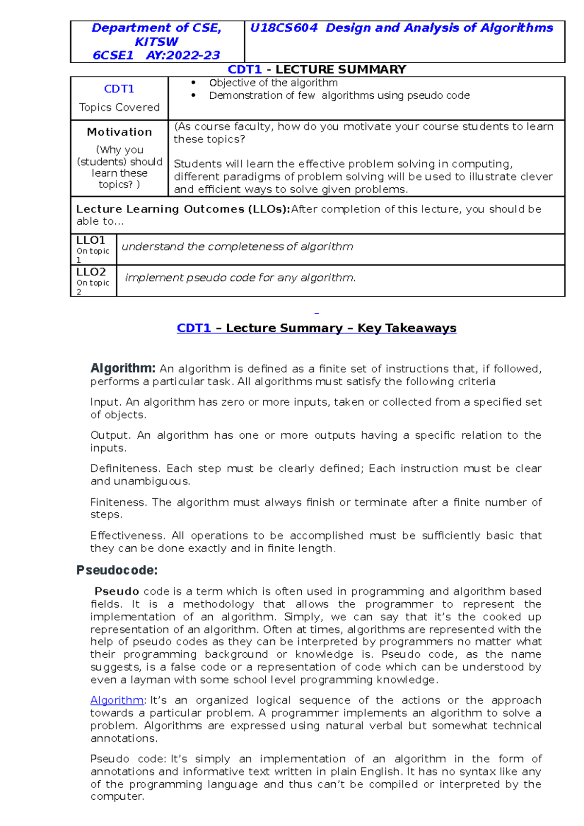 DAA-CDT1 - Important notes - Department of CSE, KITSW 6CSE1 AY:2022 ...