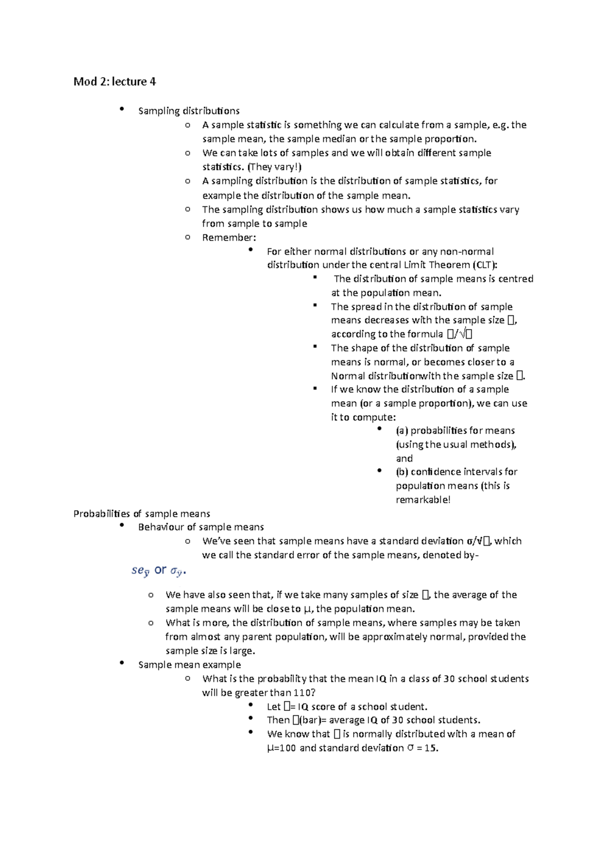 Mod 2 Lecture 4 Mod 2 Lecture 4 Sampling Distributions O A Sample