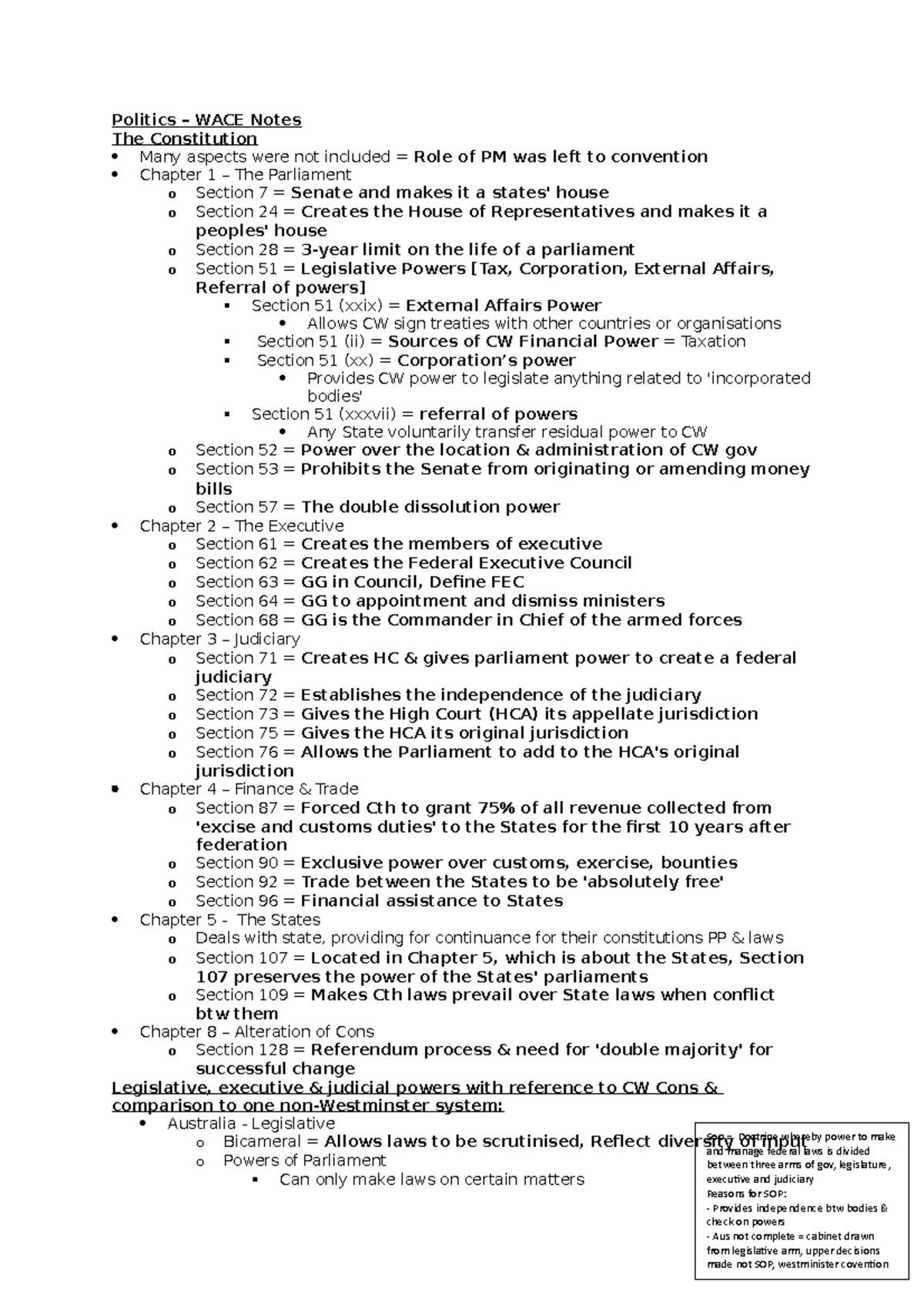 Politics - WACE Notes - ccccc - Politics – WACE Notes The Constitution ...