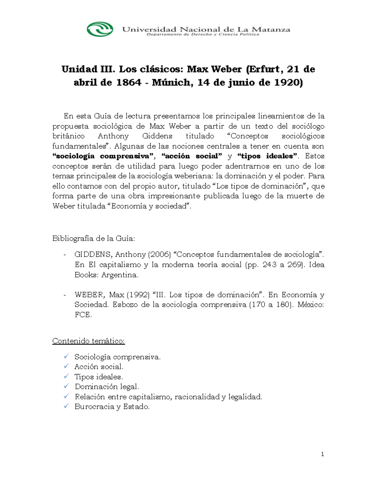 Unidad III Weber Clase Guia 1 - Warning: TT: undefined function: 32 Unidad III. Los clásicos ...