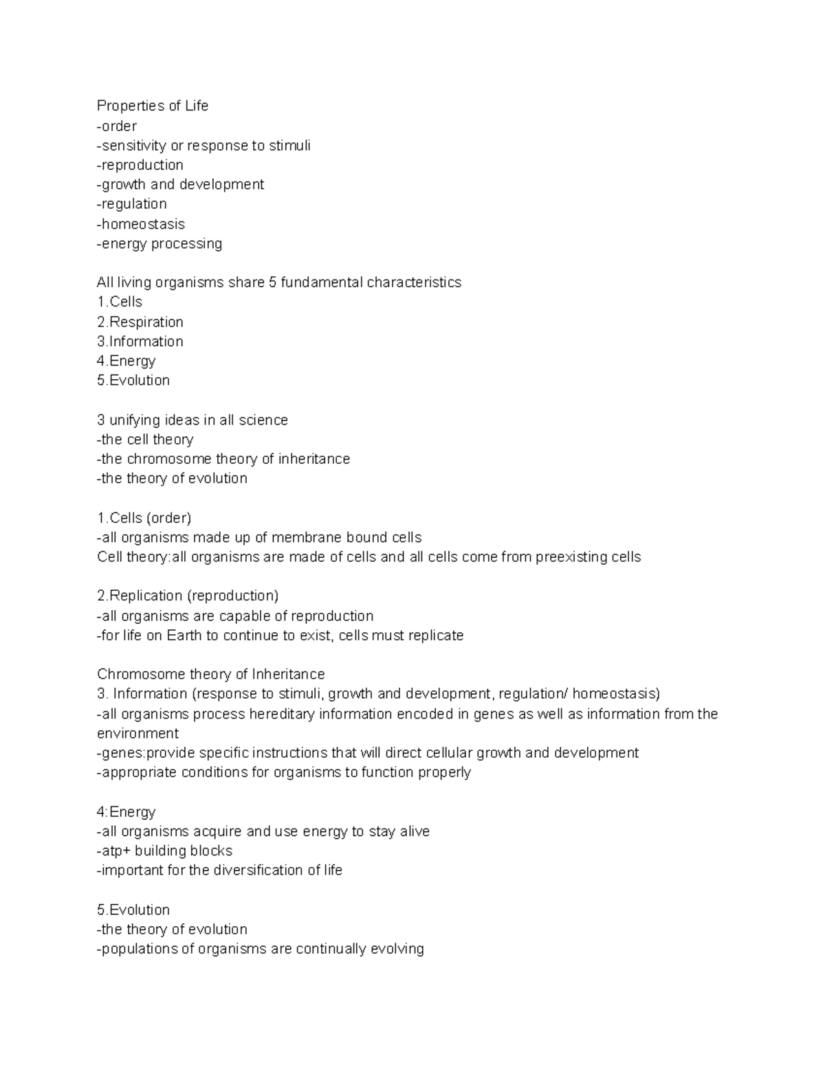 Exam 1 - Exam Review Notes - Properties of Life -order -sensitivity or ...
