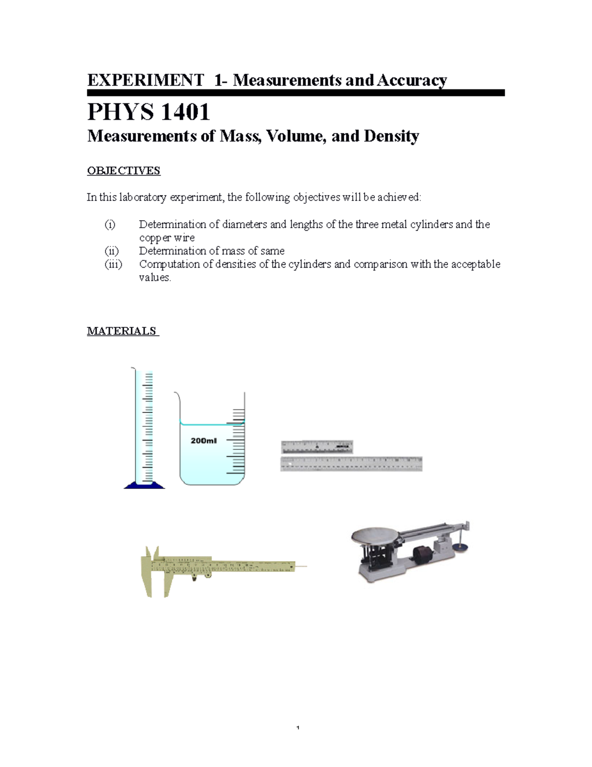 Modified Density Lab-1 - EXPERIMENT 1- Measurements and Accuracy PHYS ...