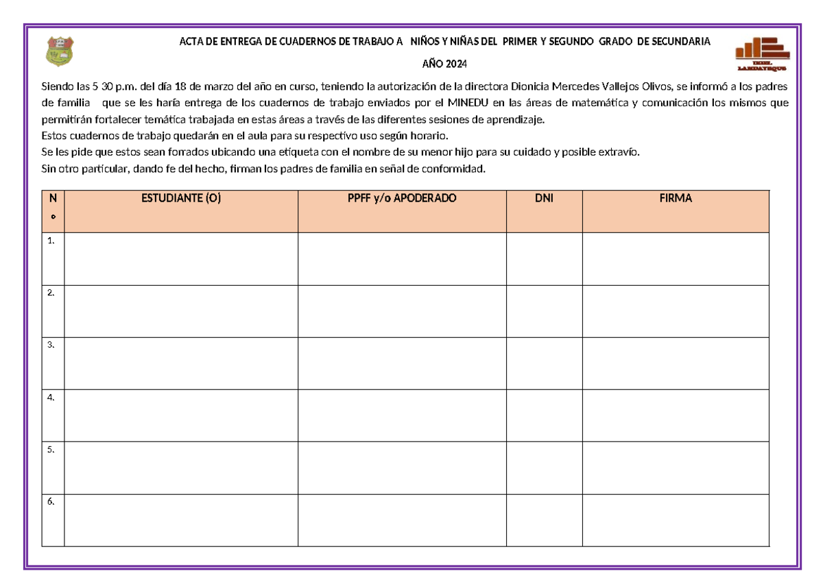 Acta de entrega de cuadernos de trabajo 1 Y 2 Grado DE Secundaria ...