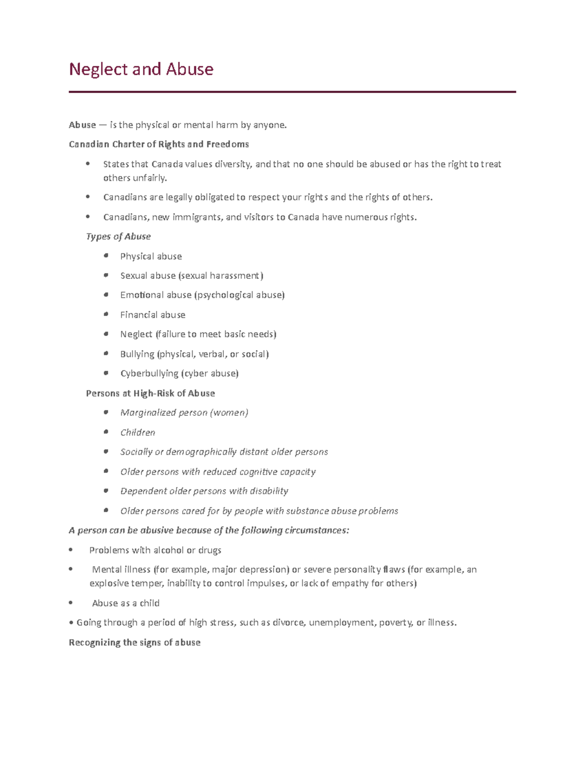 Chapter 12 Neglect and Abuse - Neglect and Abuse Abuse — is the ...