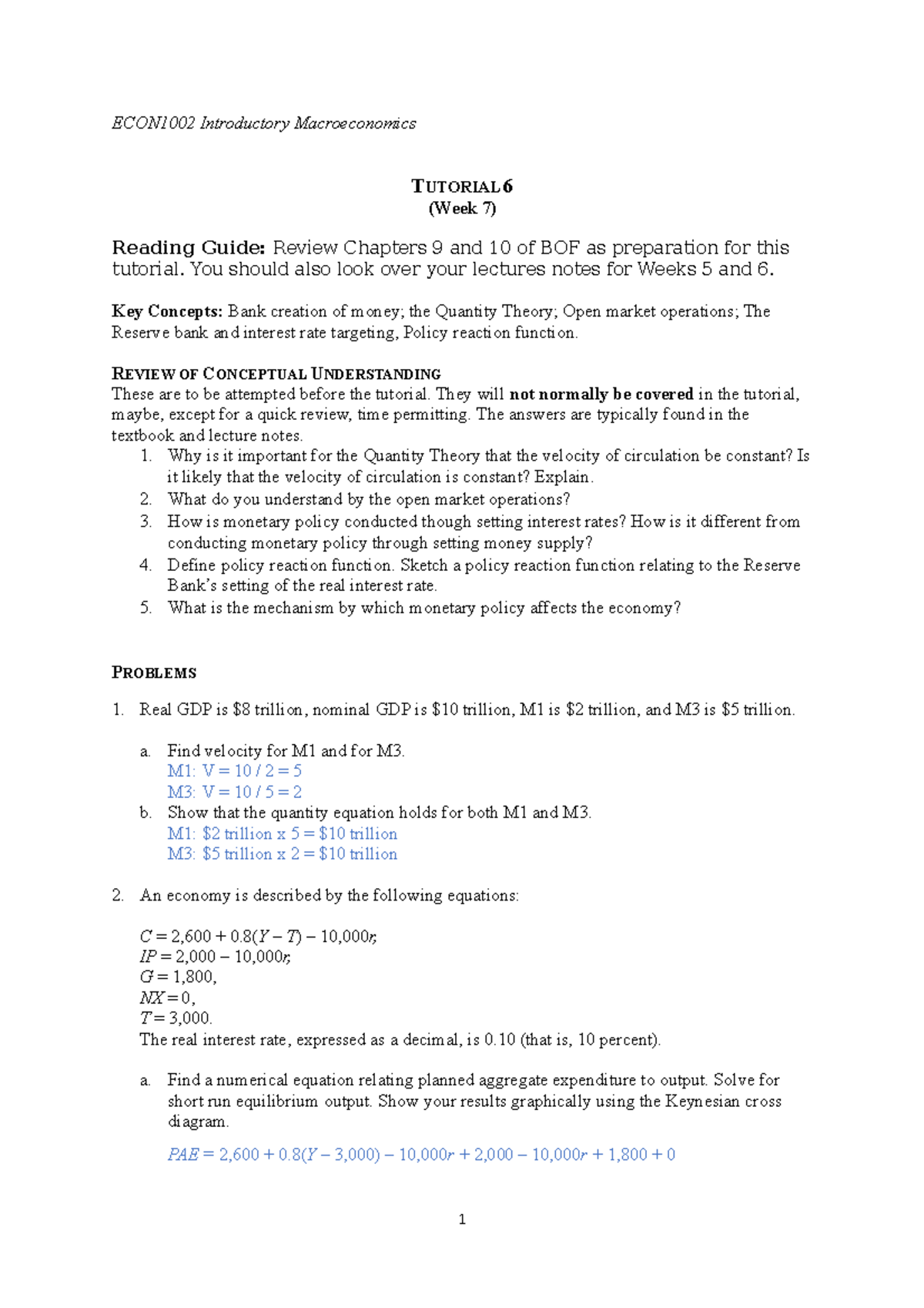 ECON1002 - Tutorial 6 - ECON1002 Introductory Macroeconomics TUTORIAL 6 ...