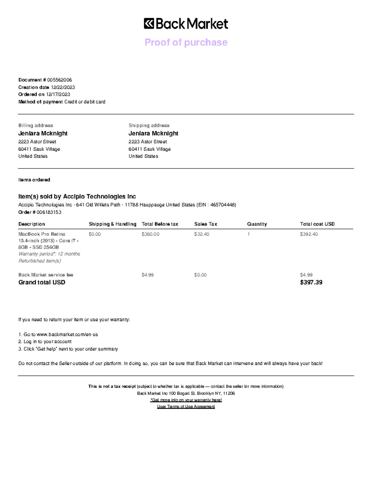 Sale certificate 6183153 - Proof of purchase Document # 005562006 ...