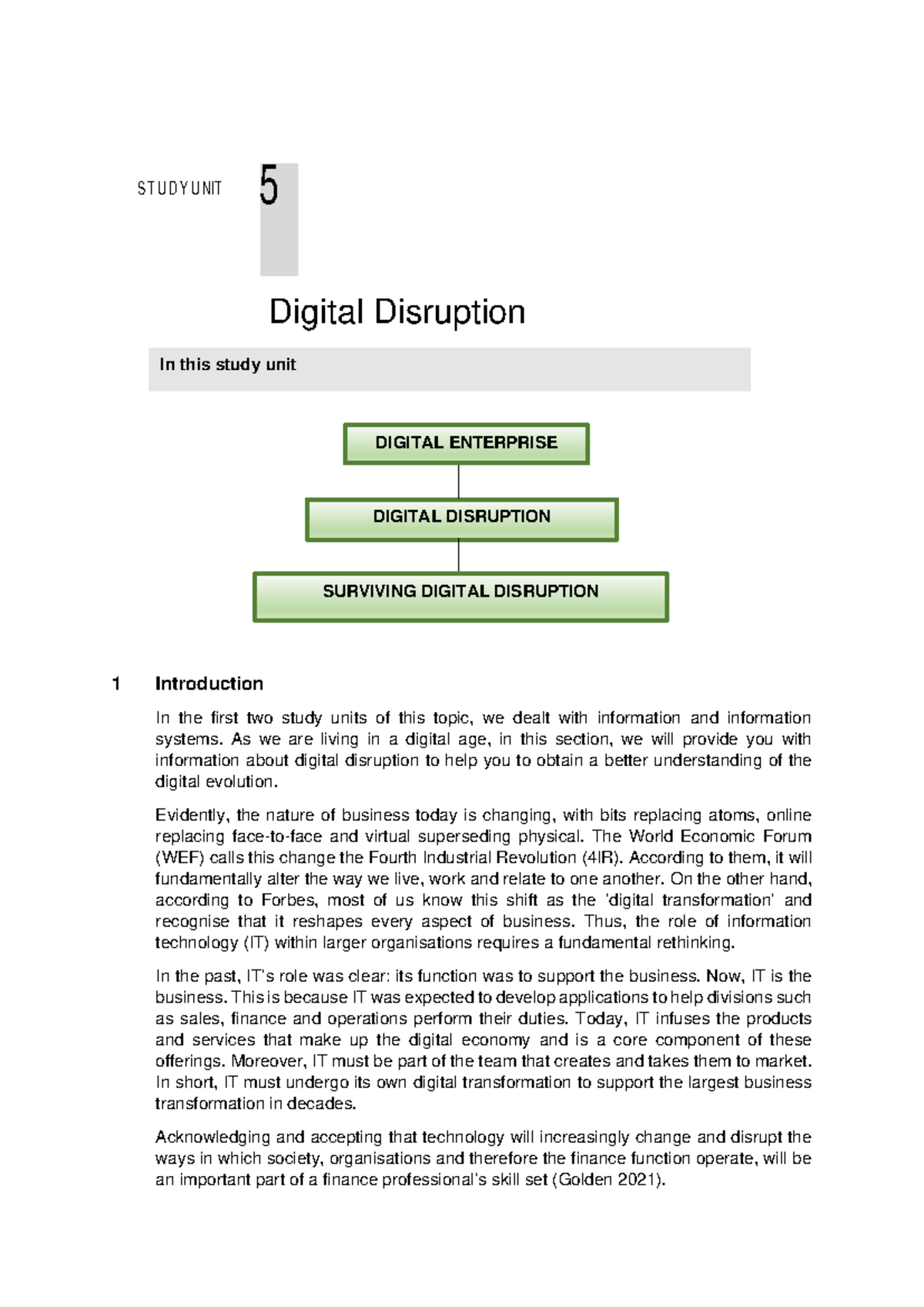 Study Unit 5 - S T U D Y U NIT 5 Digital Disruption 1 Introduction In ...