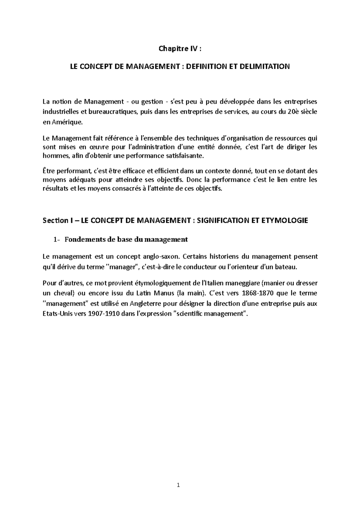 Chapitre 4 Le Concept de Management - 1 Chapitre IV : LE CONCEPT DE ...