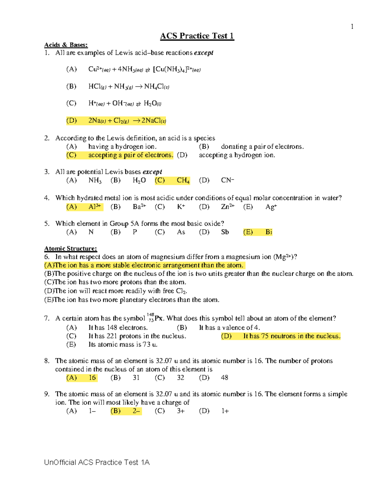 Un Official ACSPractice Test 01A - ACS Practice Test 1 Acids & Bases ...