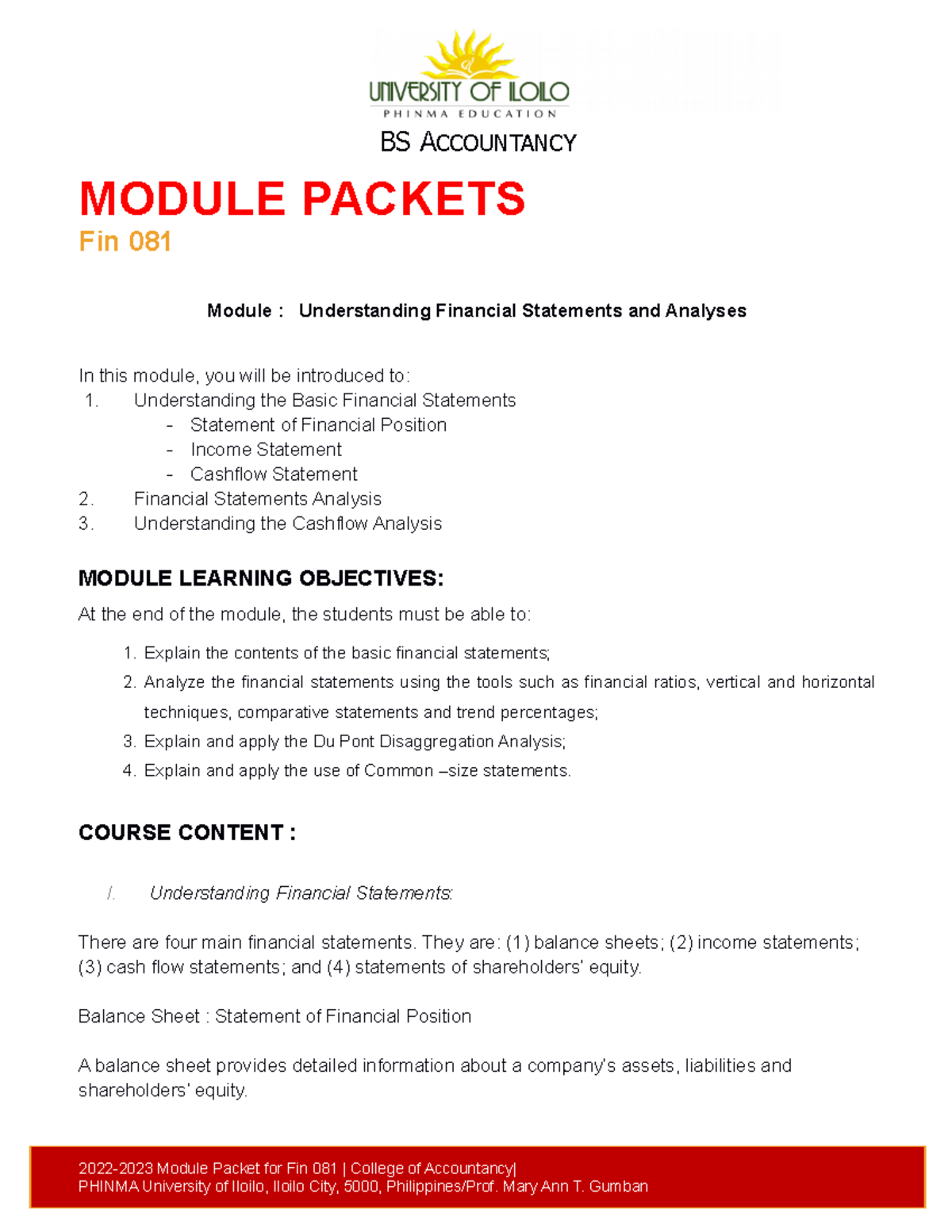 Module Packet Financial Statements Analyses - MODULE PACKETS Fin 081 ...