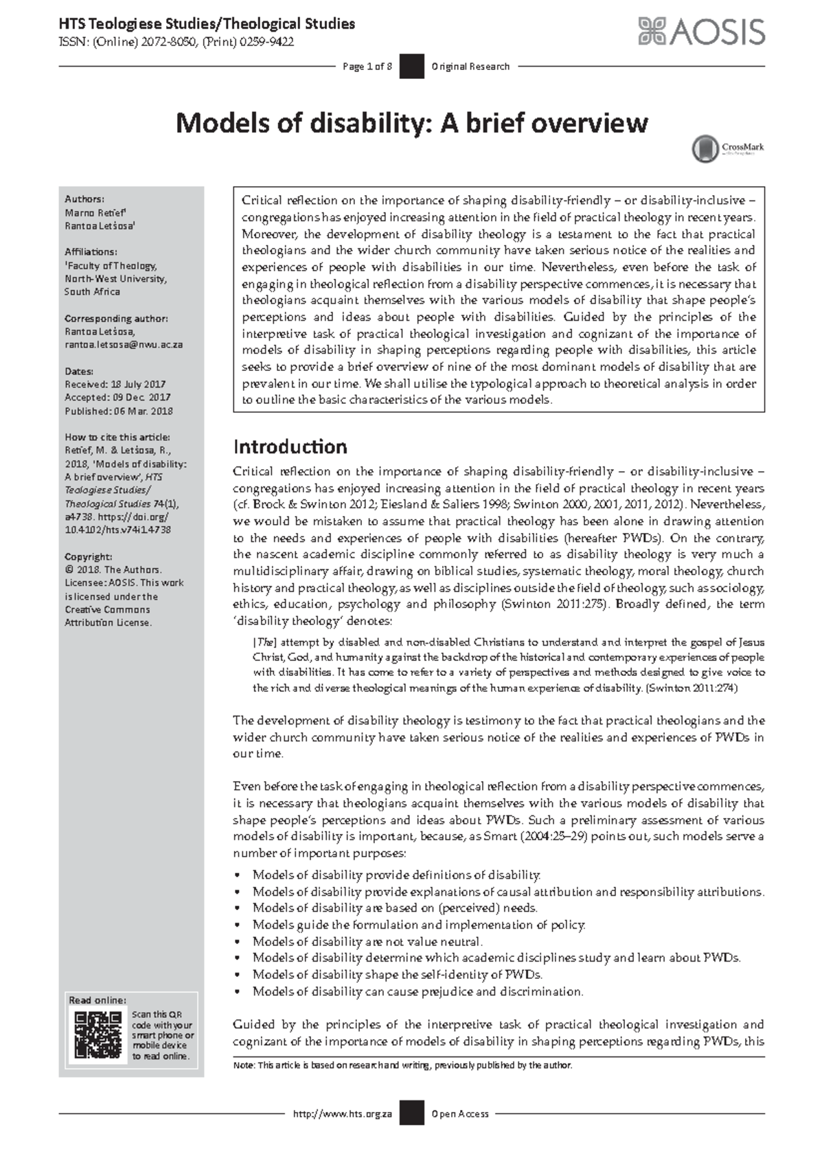 Models of disability A brief overview - HTS Teologiese Studies ...
