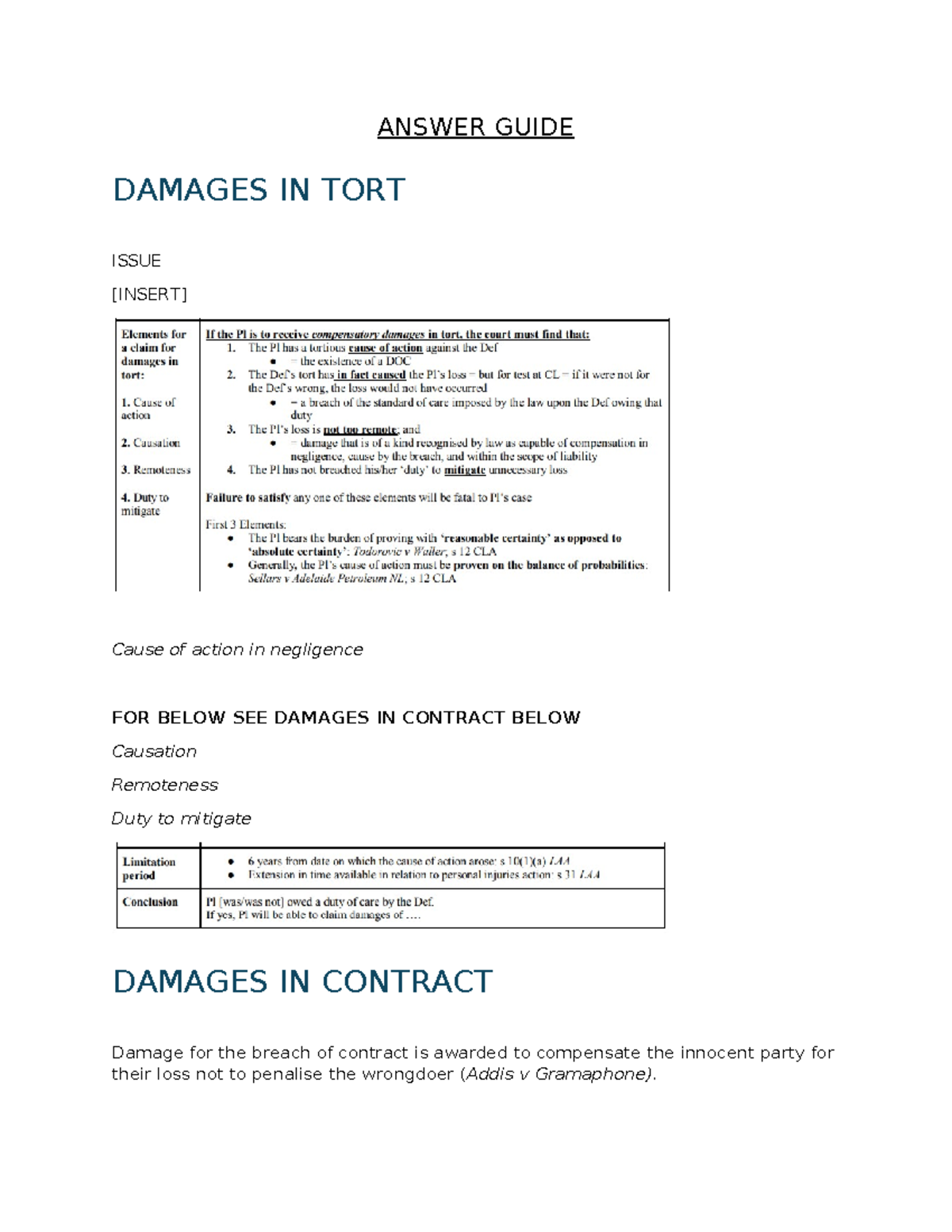 Answer Guide - LLB304 - ANSWER GUIDE DAMAGES IN TORT ISSUE [INSERT ...