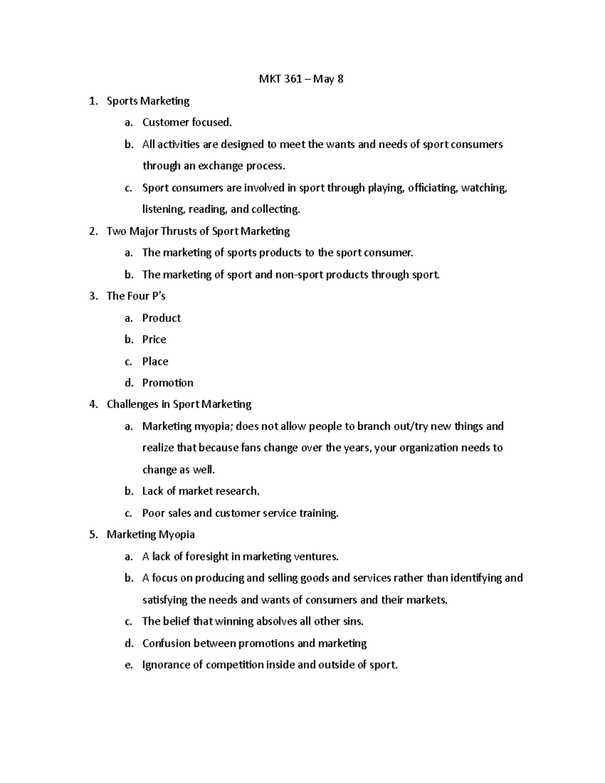 MKT 361 5:09 - Lecture notes 1 - MKT 361 – May 8 Sports Marketing a ...