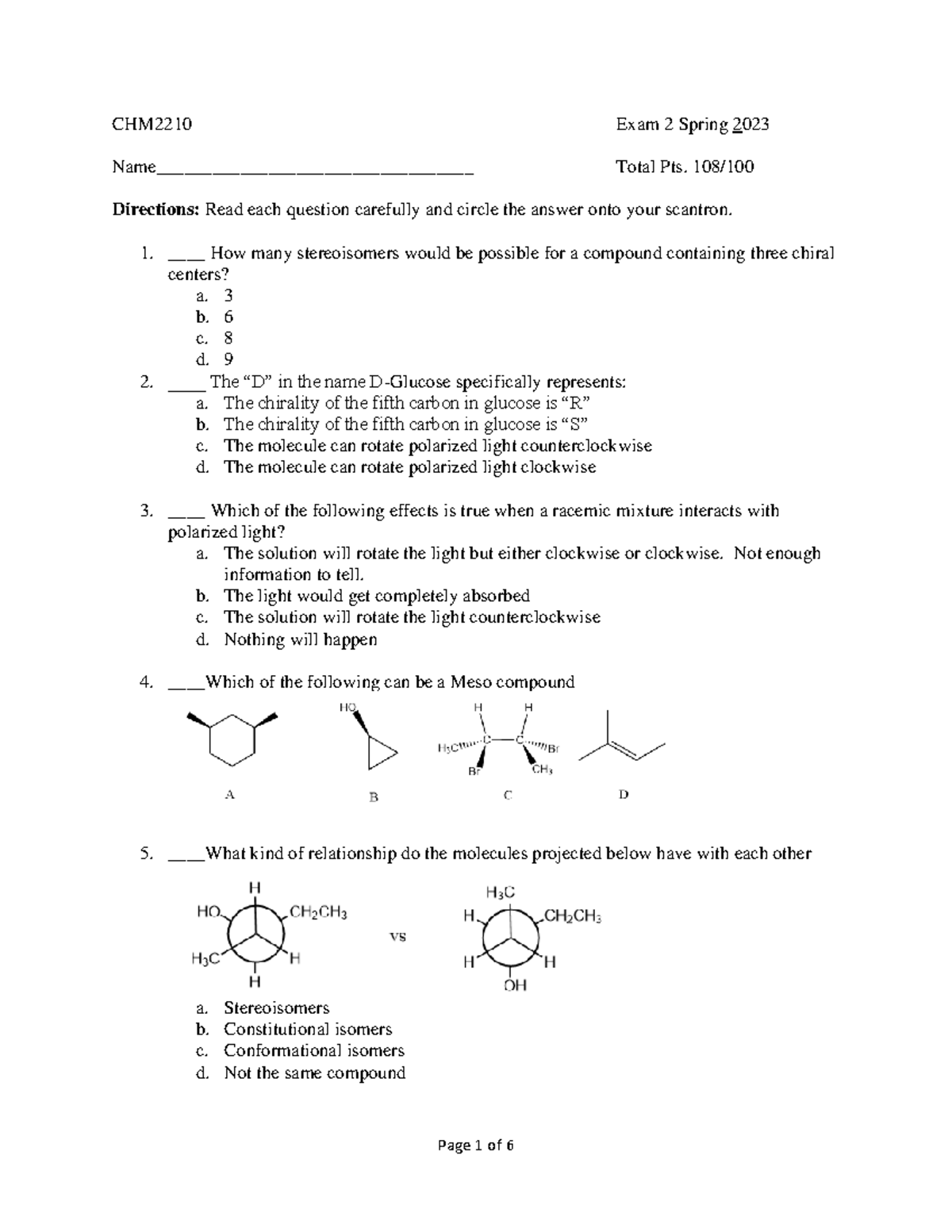 Exam 2A - practice exam - CHM2210 Exam 2 Spring 2023 Name