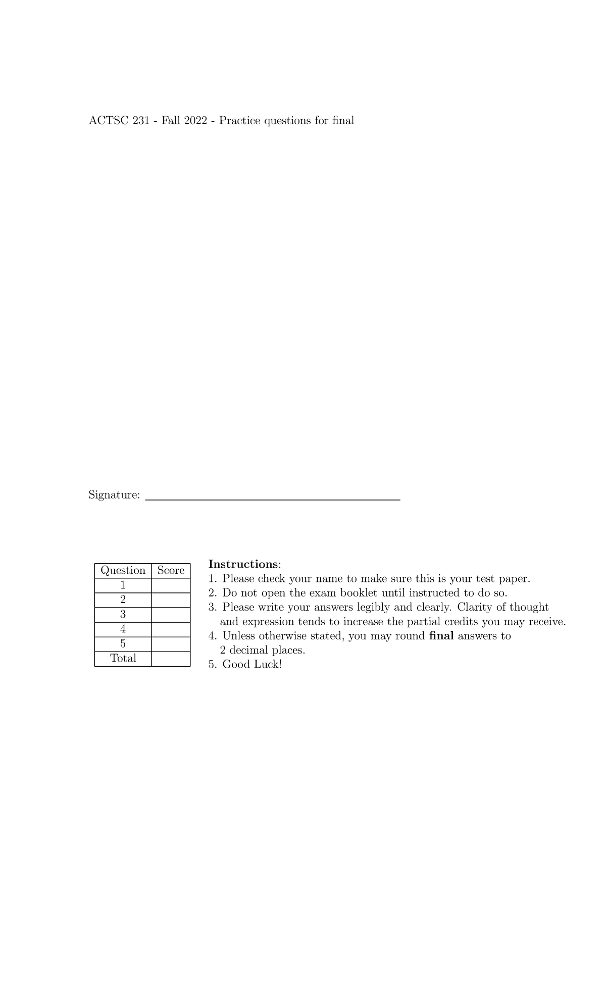 Tutorial 7 Final exam preparation questions - ACTSC 231 - Fall 2022 ...