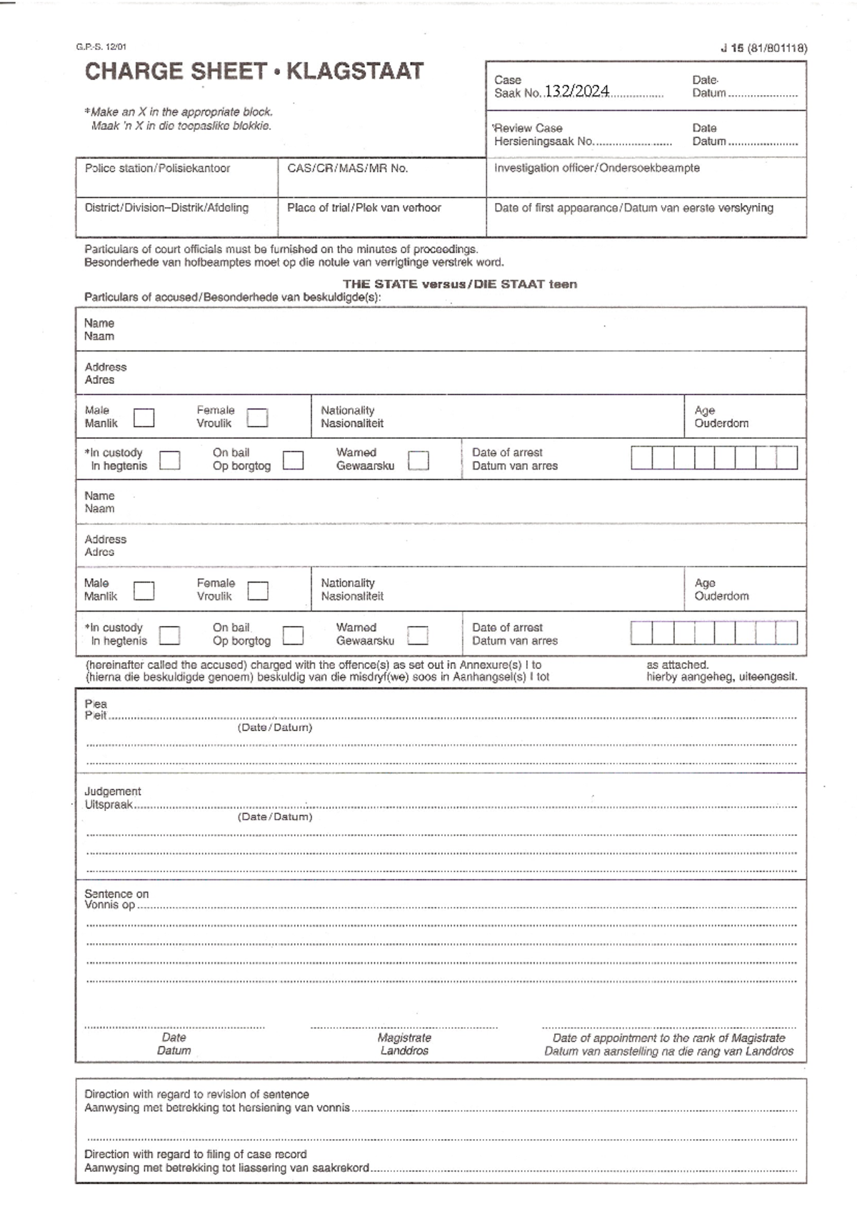 J15 Blank - G.-S. 12/01 J 15 (81/801118) CHARGE SHEET KLAGSTAAT Case ...