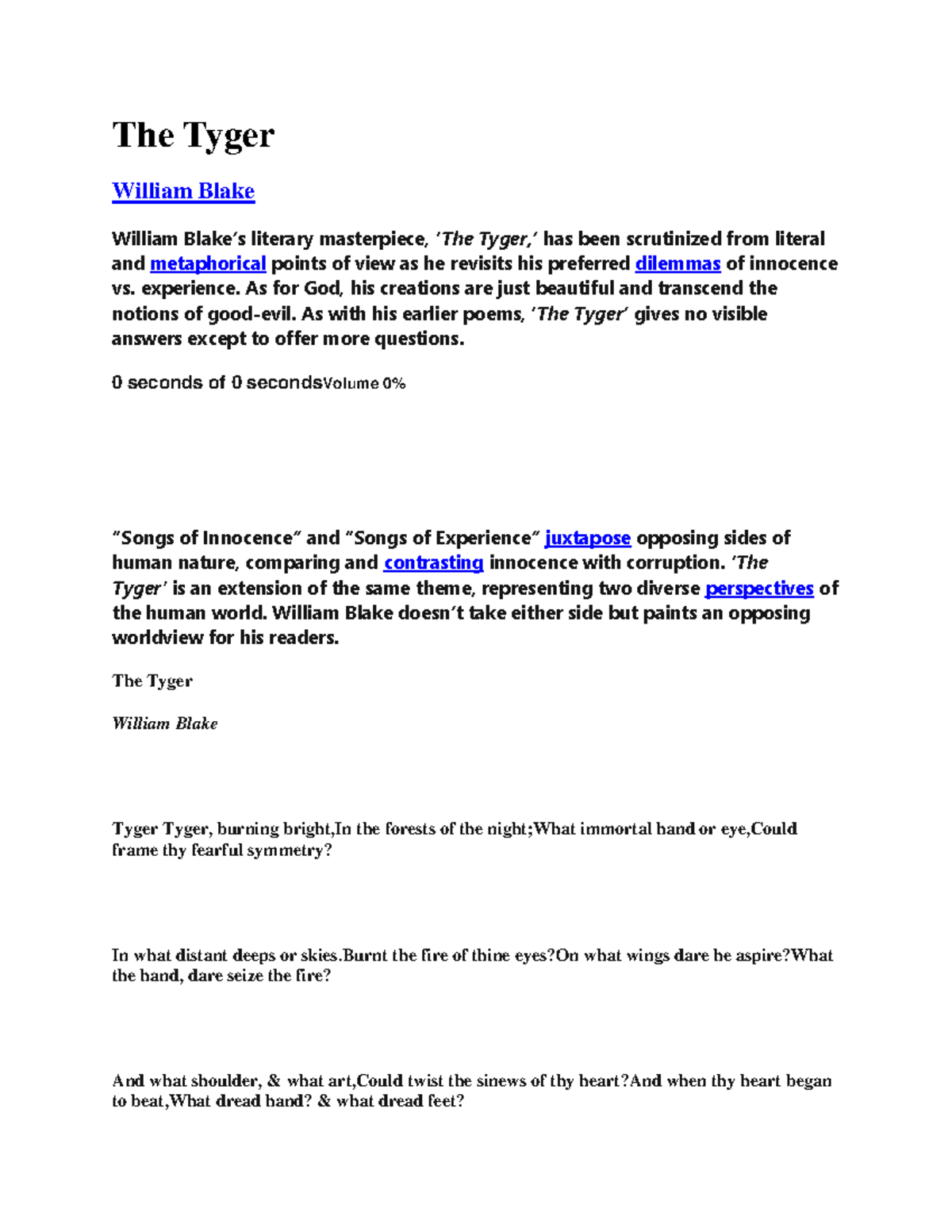 The Tyger - The Tyger William Blake William Blake’s literary ...