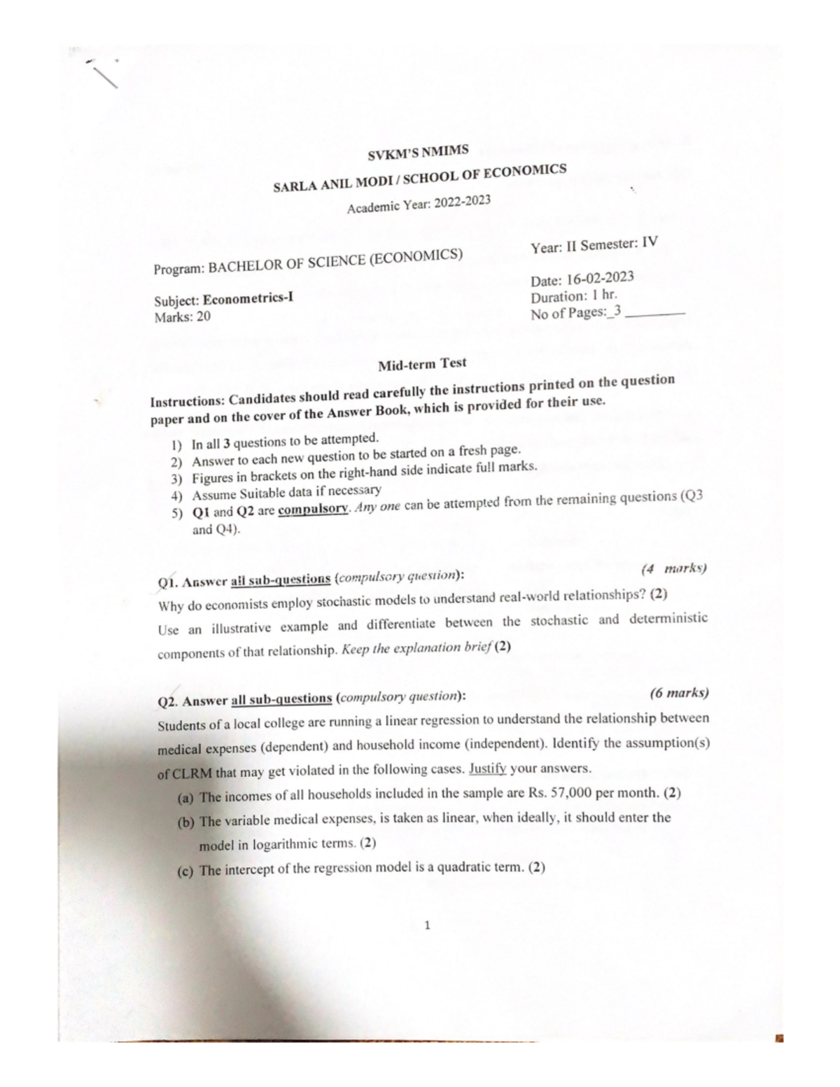 Mid Sem Papers - BSc Economics - Studocu