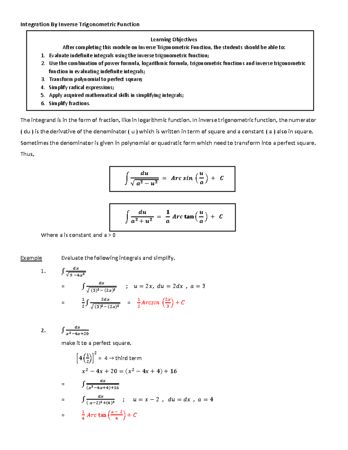 Integration By Inverse Trigonometric Function - Evaluate indefinite ...