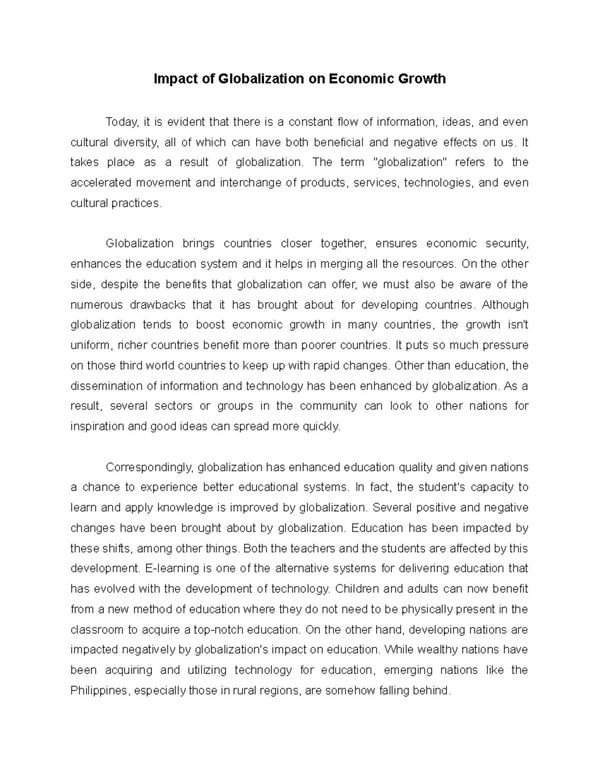 Speech - ..................... - Impact of Globalization on Economic ...