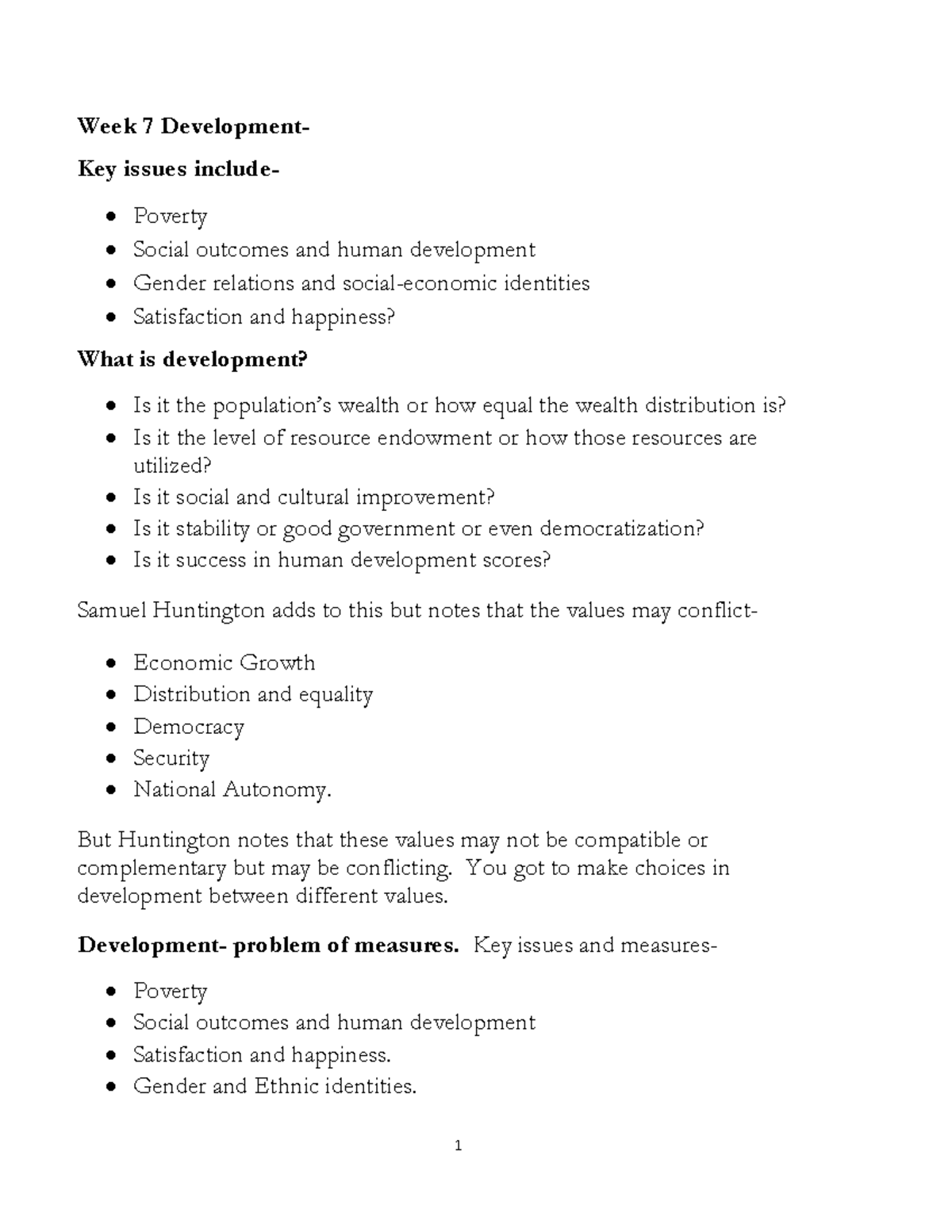 Development of Nations - Week 7 Development- Key issues include ...