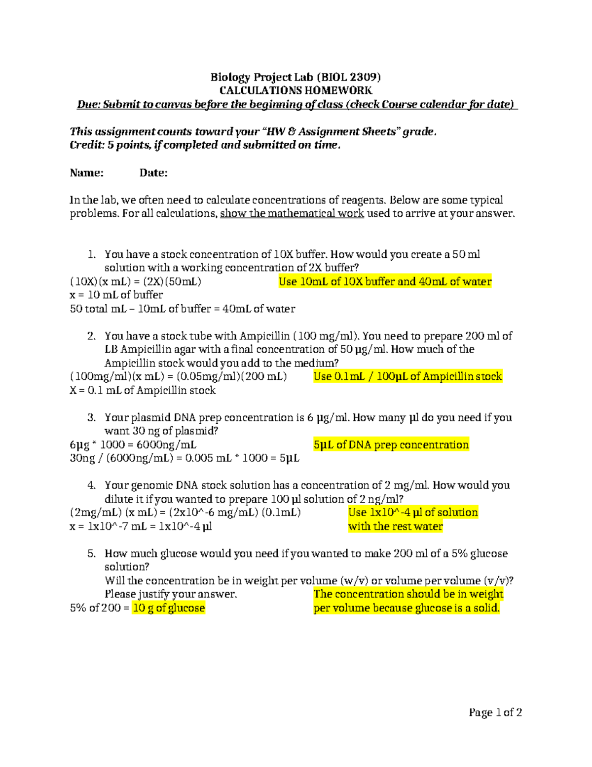 Calculations Homework - Biology Project Lab (BIOL 2309) CALCULATIONS ...