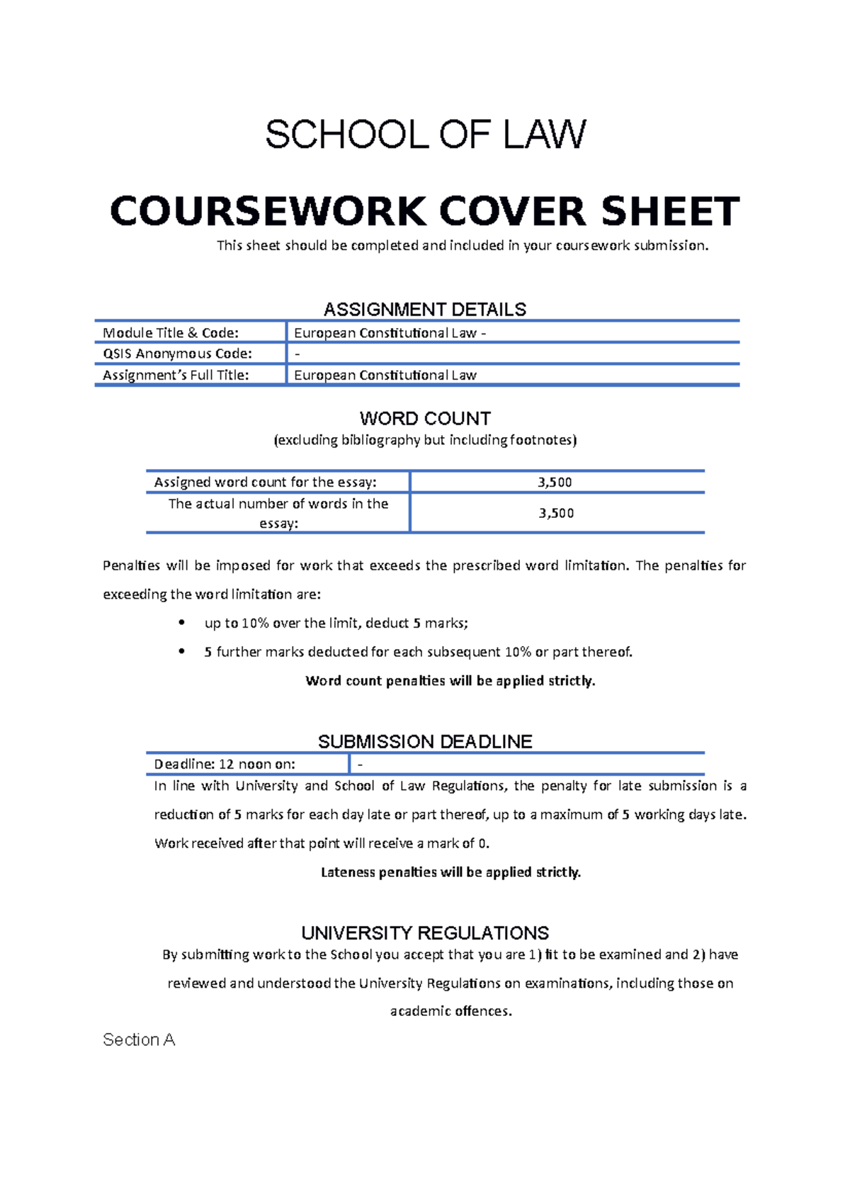 European Constitutional Law Coursework - SCHOOL OF LAW COURSEWORK COVER ...