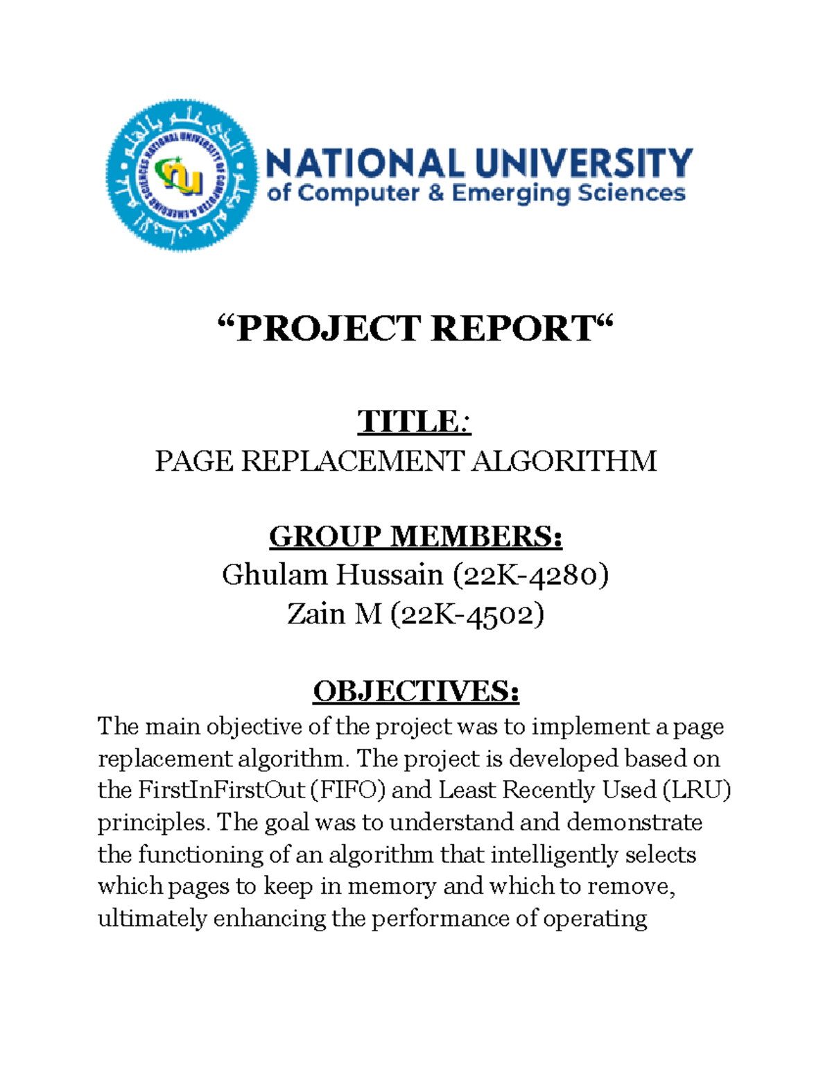 K224280 Ghulam Hussain - Project Final Submission - “PROJECT REPORT ...