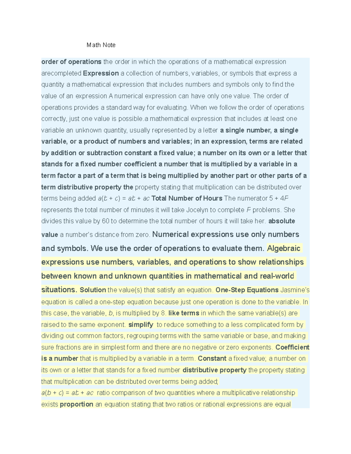 Untitled document - notes - Math Note order of operations the order in ...