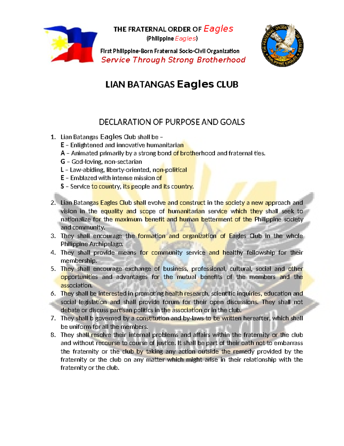 Declaration OF Purpose AND Goals - THE FRATERNAL ORDER OF Eagles ...