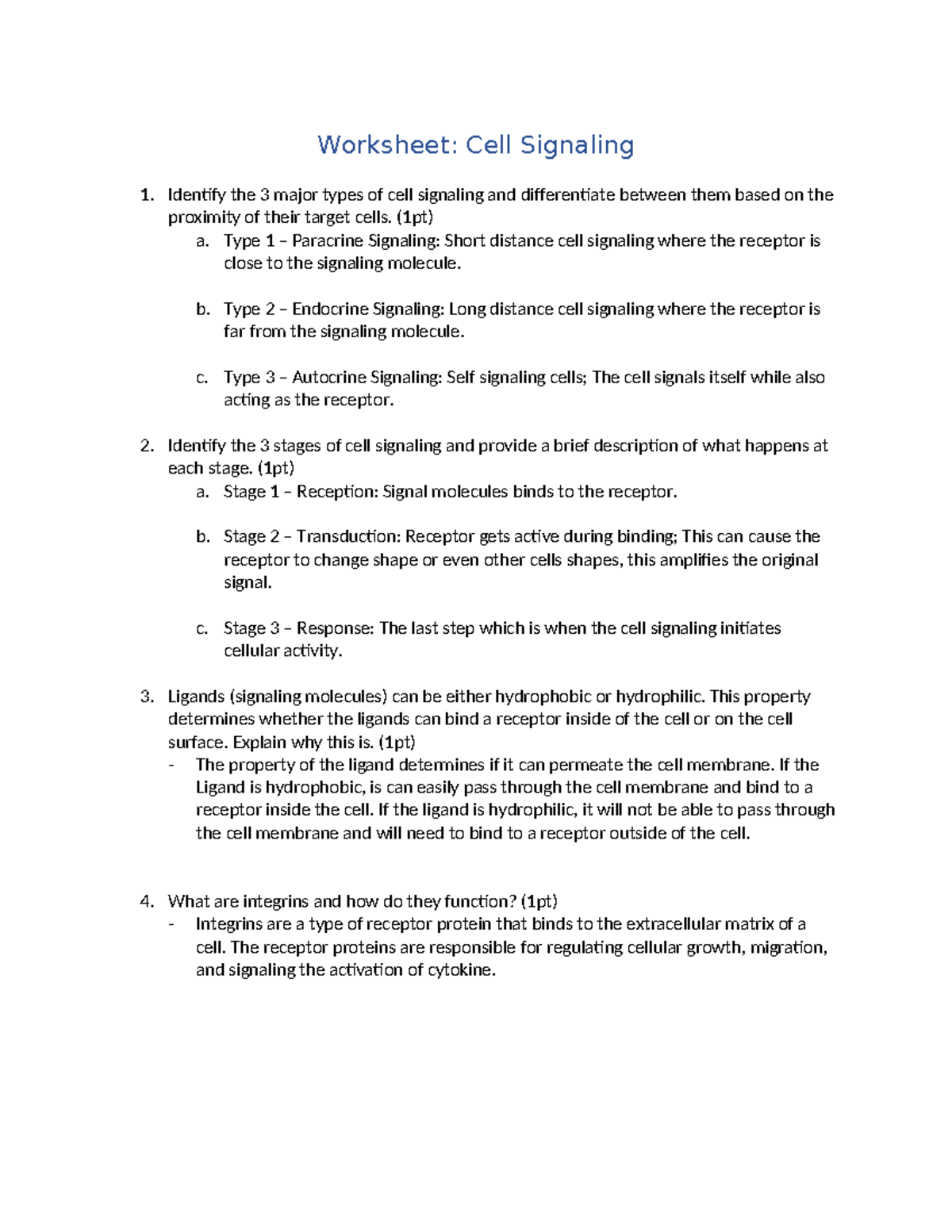 Complete Worksheet Cell Signaling - Worksheet: Cell Signaling Identify ...
