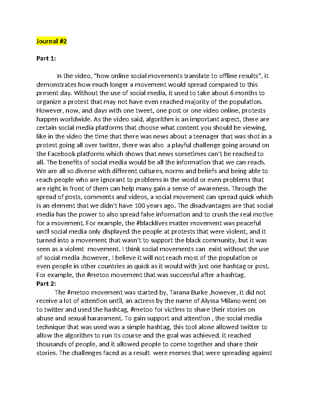 Journal 2 movements - Summary - Journal # Part 1: In the video, “how ...