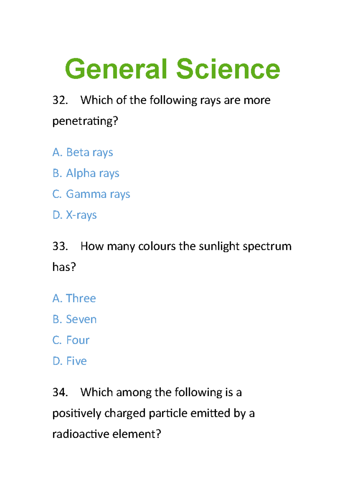 General Science work 27 - General Science Which of the following rays ...