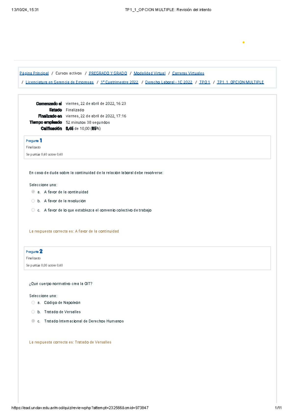 TP1 1 Opcion Multiple Revisión del intento - Página Principal / Cursos activos / PREGRADO Y ...