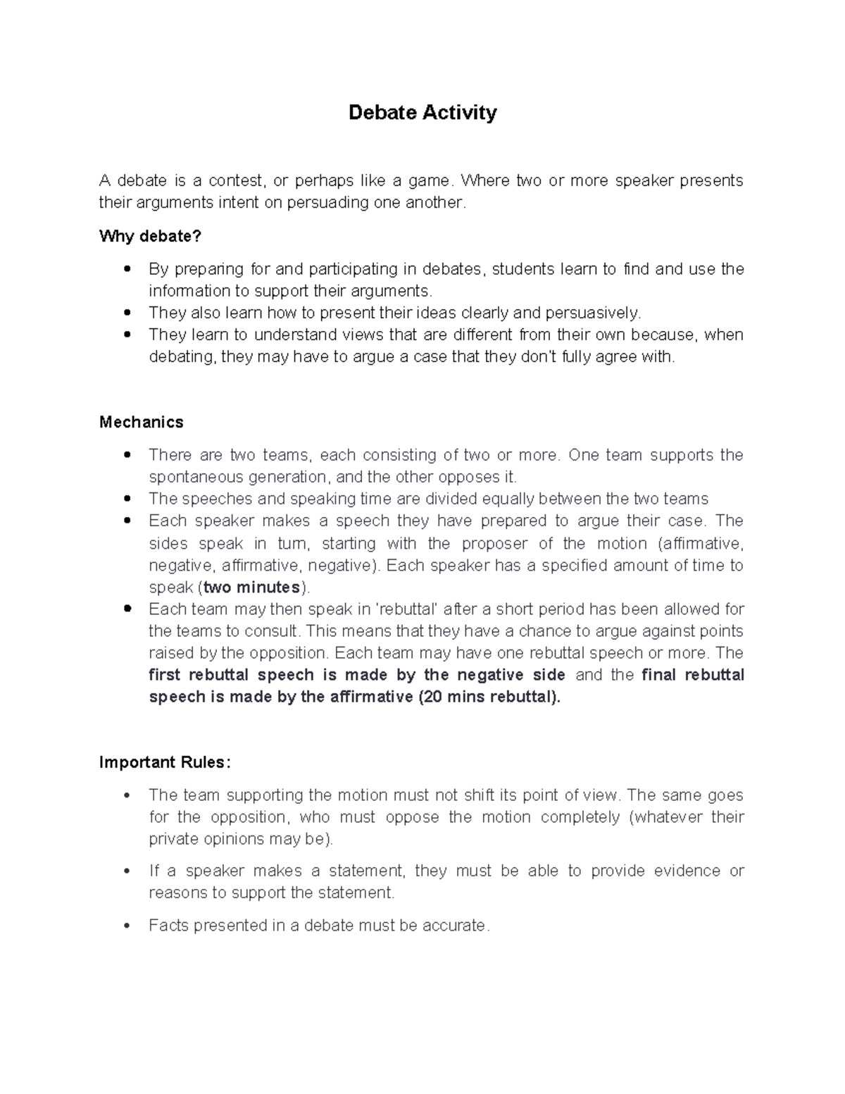Debate-Activity - Debate Activity A debate is a contest, or perhaps ...