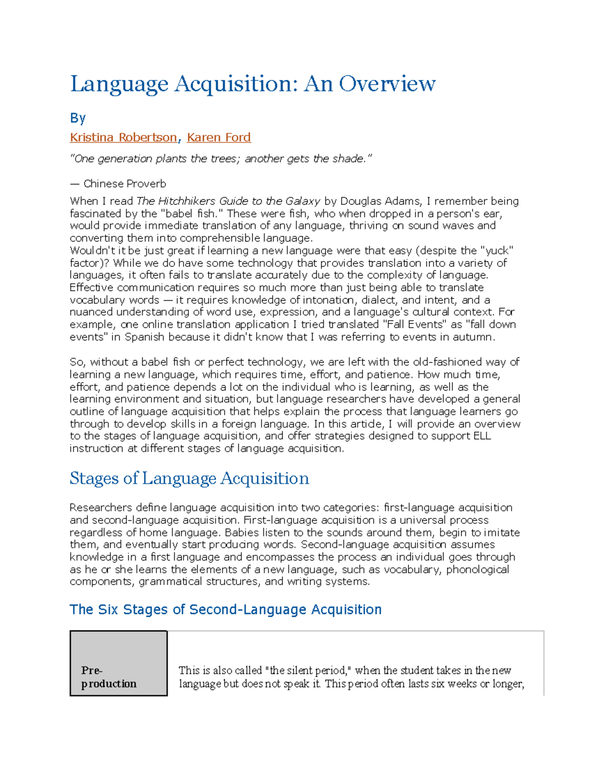 Stages of L2 Acquisition - Language Acquisition: An Overview By ...