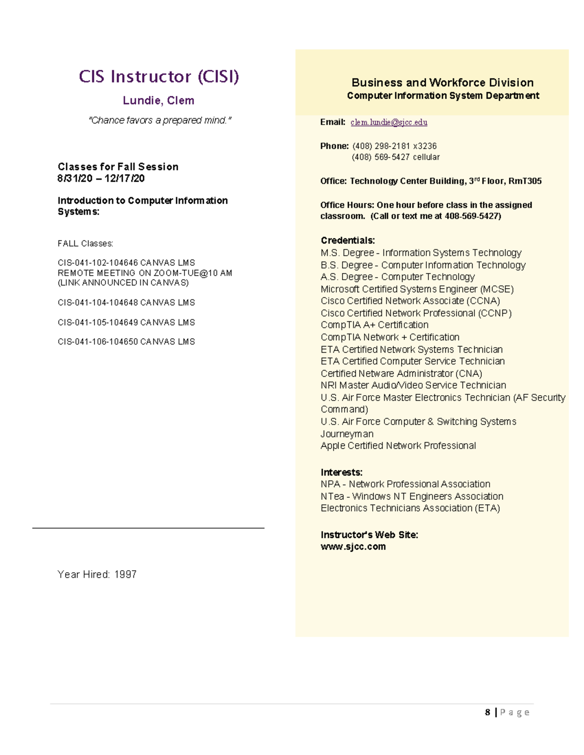 CIS-041 Intro To CIS - Syllabus - CIS Instructor (CISI) Lundie, Clem ...