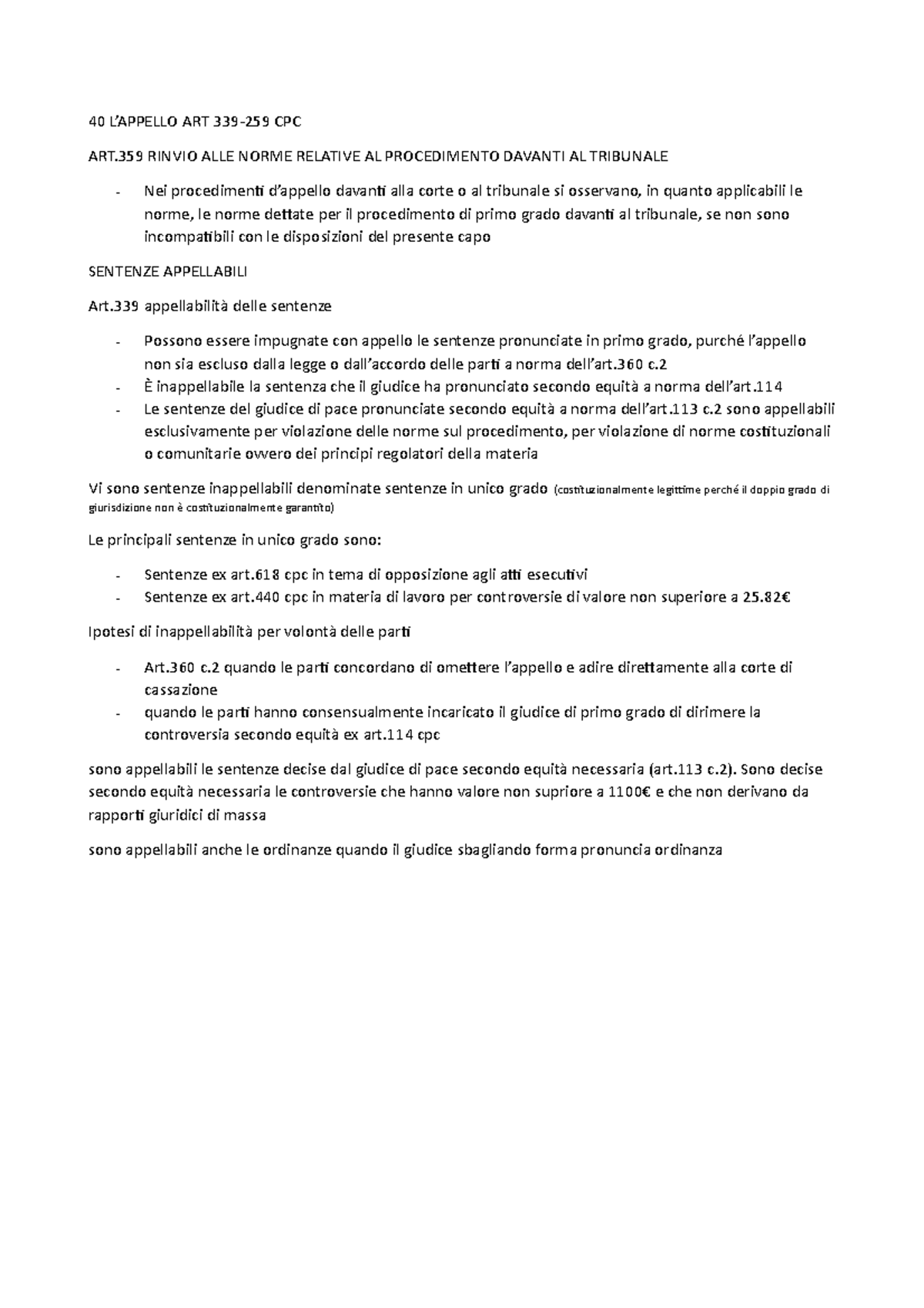 Appello - riassunti esaustivi - 40 L’APPELLO ART 339-259 CPC ART RINVIO ...